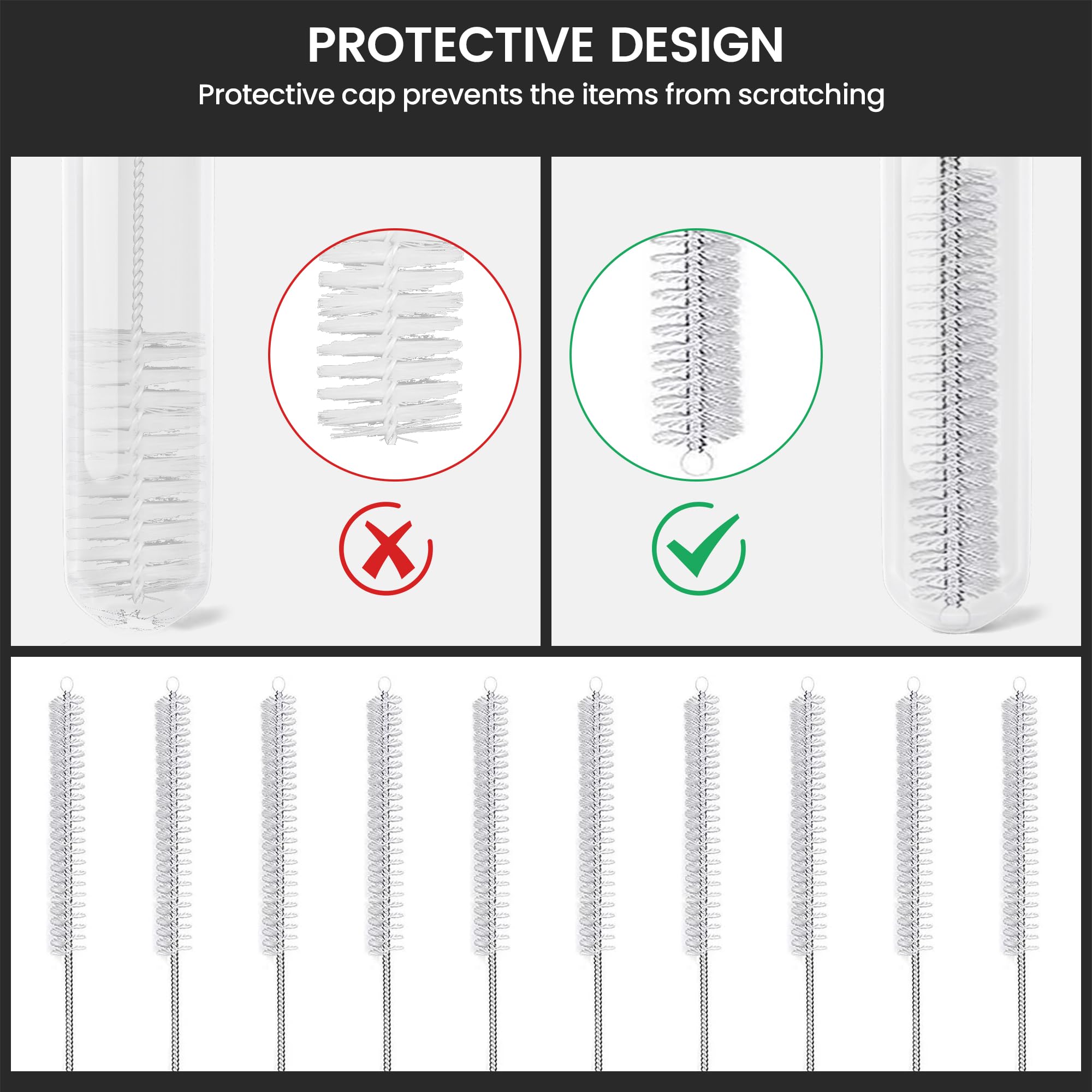 Straw Cleaner Brush Set, 10 Pieces 10 Inch Stainless Steel Handle Straw Brush Set, Extra Long Straw Brush for Tumbler, Sippy Cup, Water Bottle and Tubes (10inch)