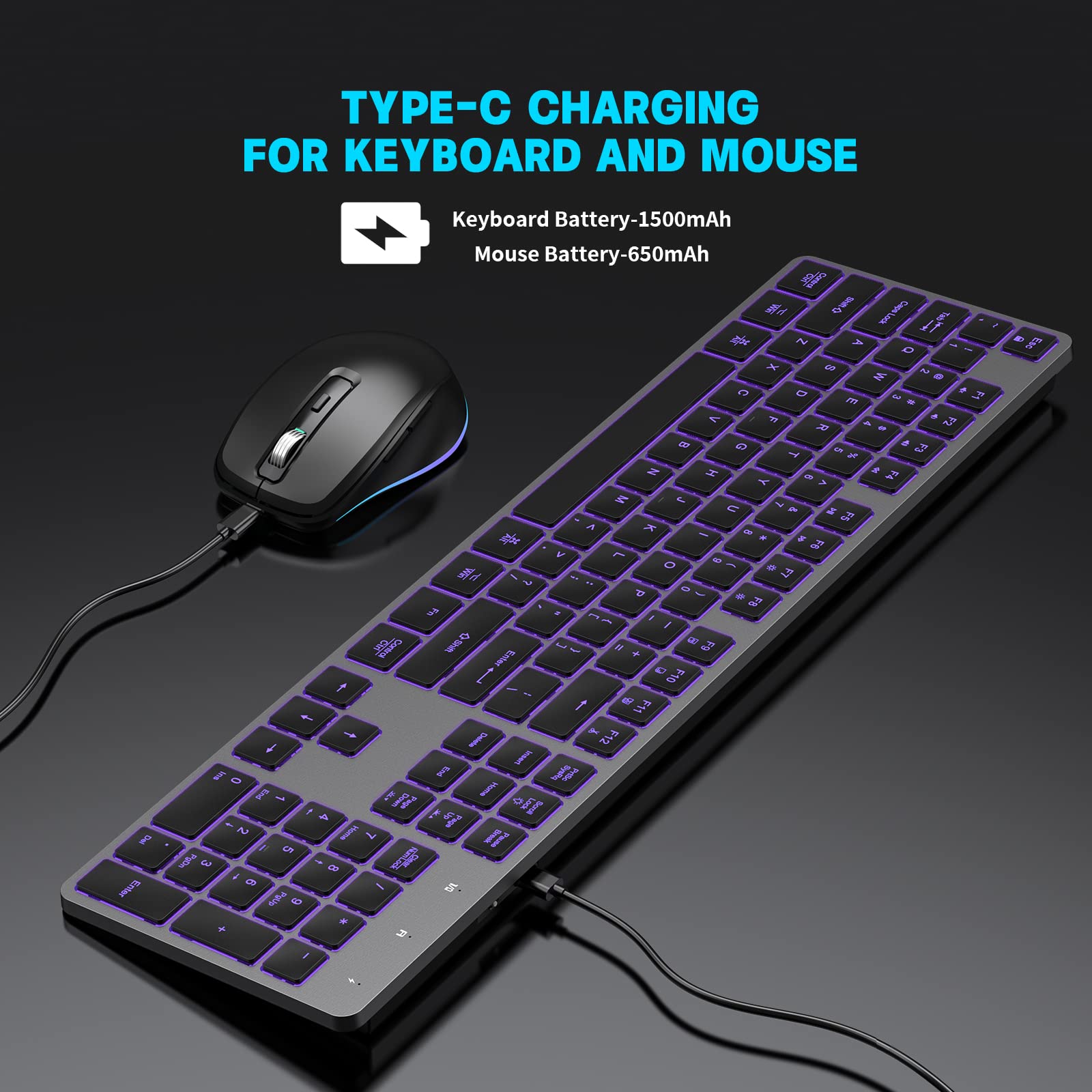 POWZAN Wireless Keyboard and Mouse, Rechargeable Wireless Keyboard Mouse Combo, Jiggle Mouse Slim Full Size Silent 7 Color Backlit 2.4G USB Keyboard for Windows, Mac Desktop/Laptop/PC, Gray