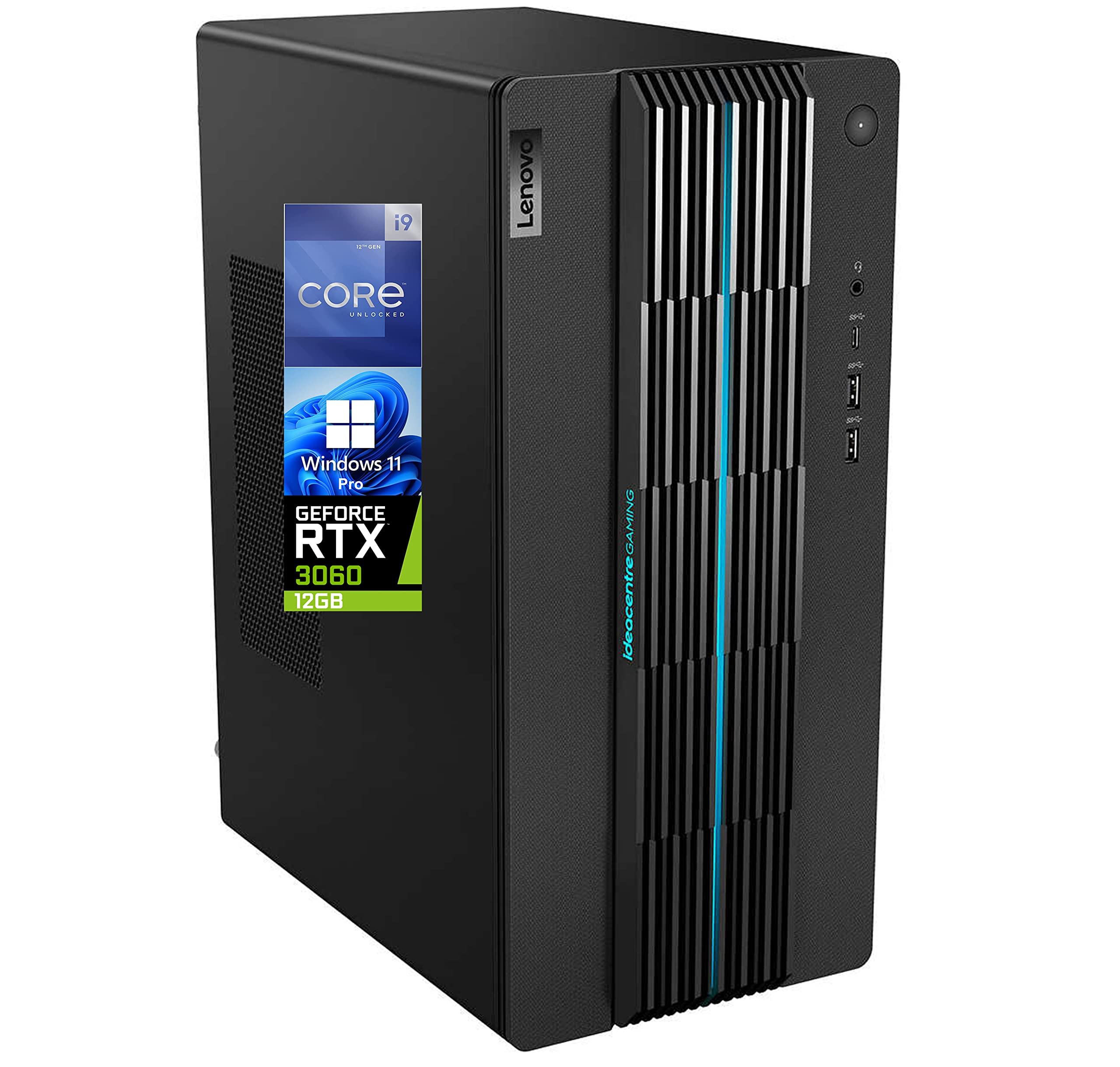 Lenovo IdeaCentre Gaming 5 Tower Computer, Intel i9-12900K, 64GB RAM, 2TB NVMe SSD, NVIDIA GeForce RTX 3060 12GB, DisplayPort, HDMI, AX Wi-Fi, BT, USB C - Windows 11 Pro, Black
