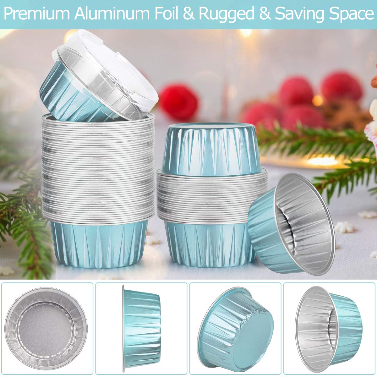 Ramekins with Lids, 25 pcs 5 oz Blue Foil Dessert Baking Cups Holders, Cupcake Liners for Baking โUtility Clear Pudding Cups for Wedding,Christmas,Kitchen,Birthday Party,Various Holiday Parties