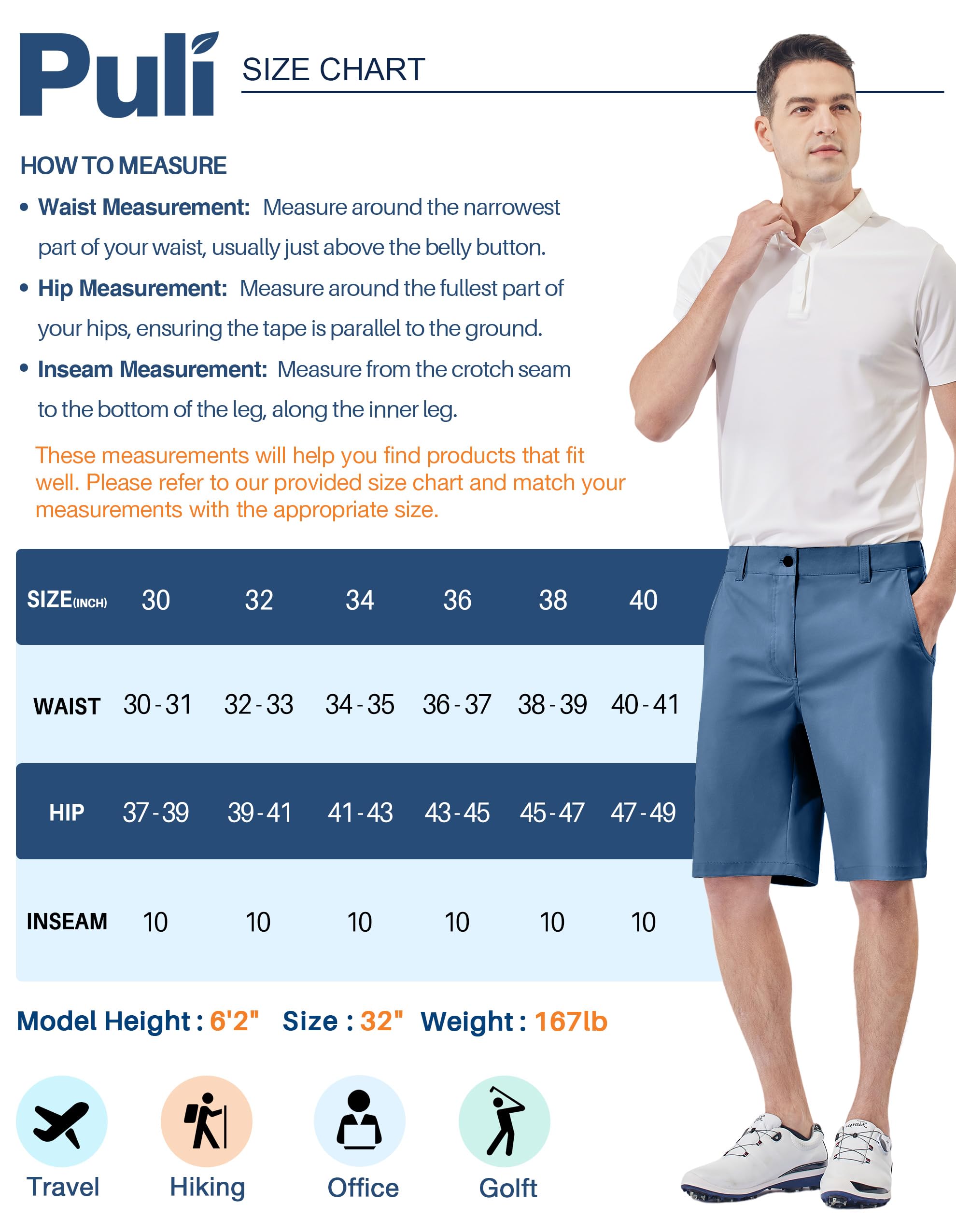 PULI Mens Dress Stretch Chino Hiking Traveling Shorts Quick Dry Lightweight Golf Beach with Pockets Blue 38