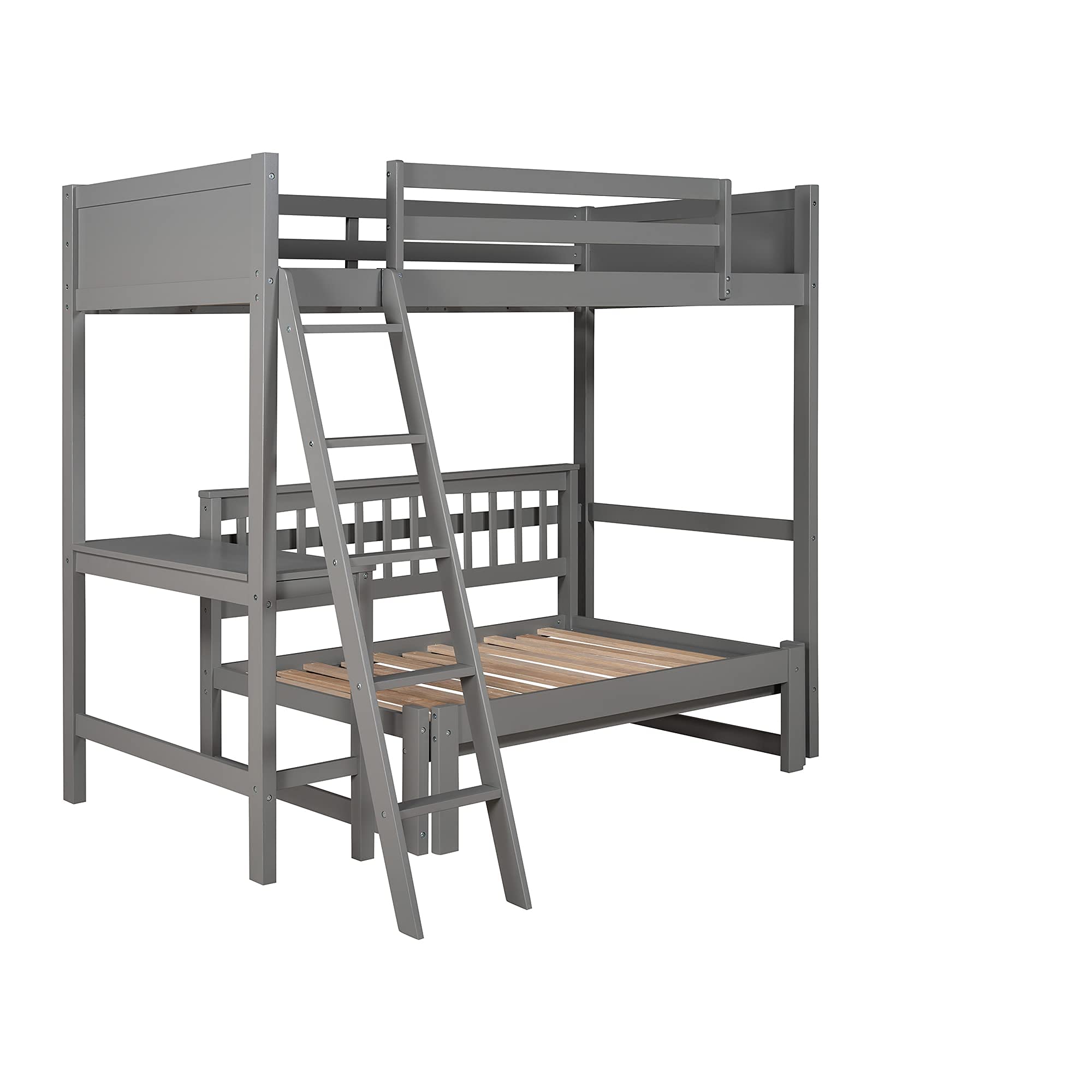 MERITLINE Twin Loft Bed with Convertible Lower Bed, Wood Kids Loft Bed with Desk, Twin over Full Bunk Bed with Ladder,No Box Spring Needed,Grey