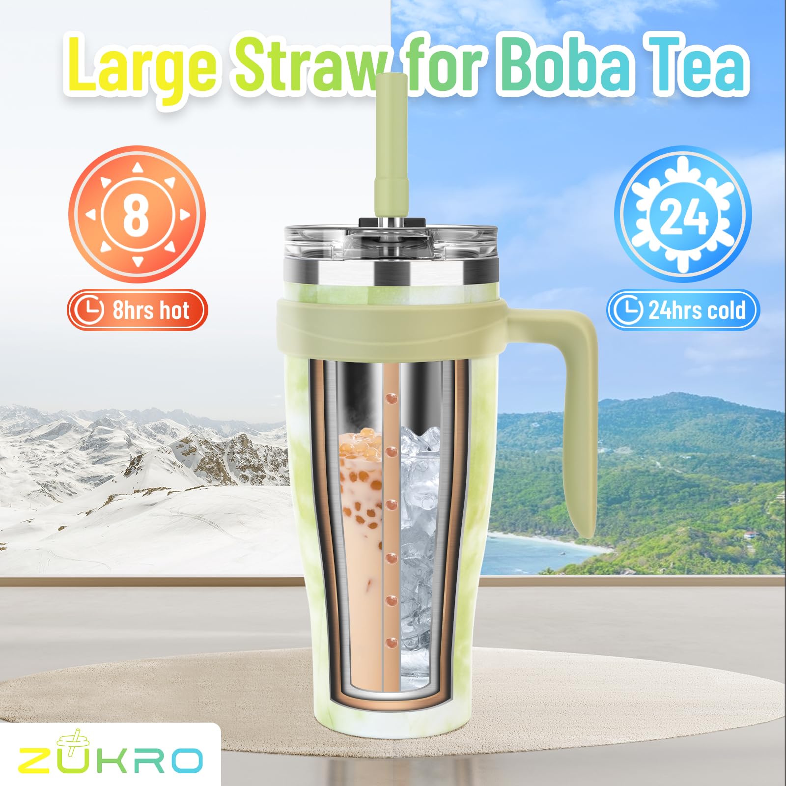 Zukro 40 oz Tumbler With Handle and Straw, Leak Proof Vacuum Insulated Stainless Steel Cup with 2-in-1 Screw on Lid, Fit in Cup Holder, No Sweat, Keeps Drinks Cold 24 Hours