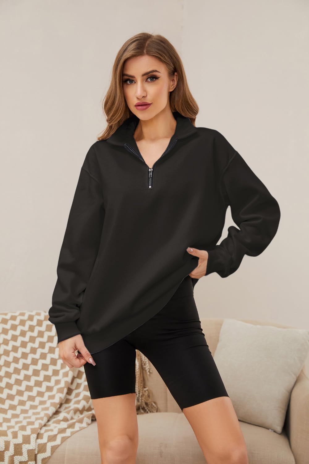 MISSACTIVER Women's Oversized Quarter 1/4 Zip Sweatshirts Lapel Collar Long sleeve Drop Shoulder Solid Pullover Jumper Top Black