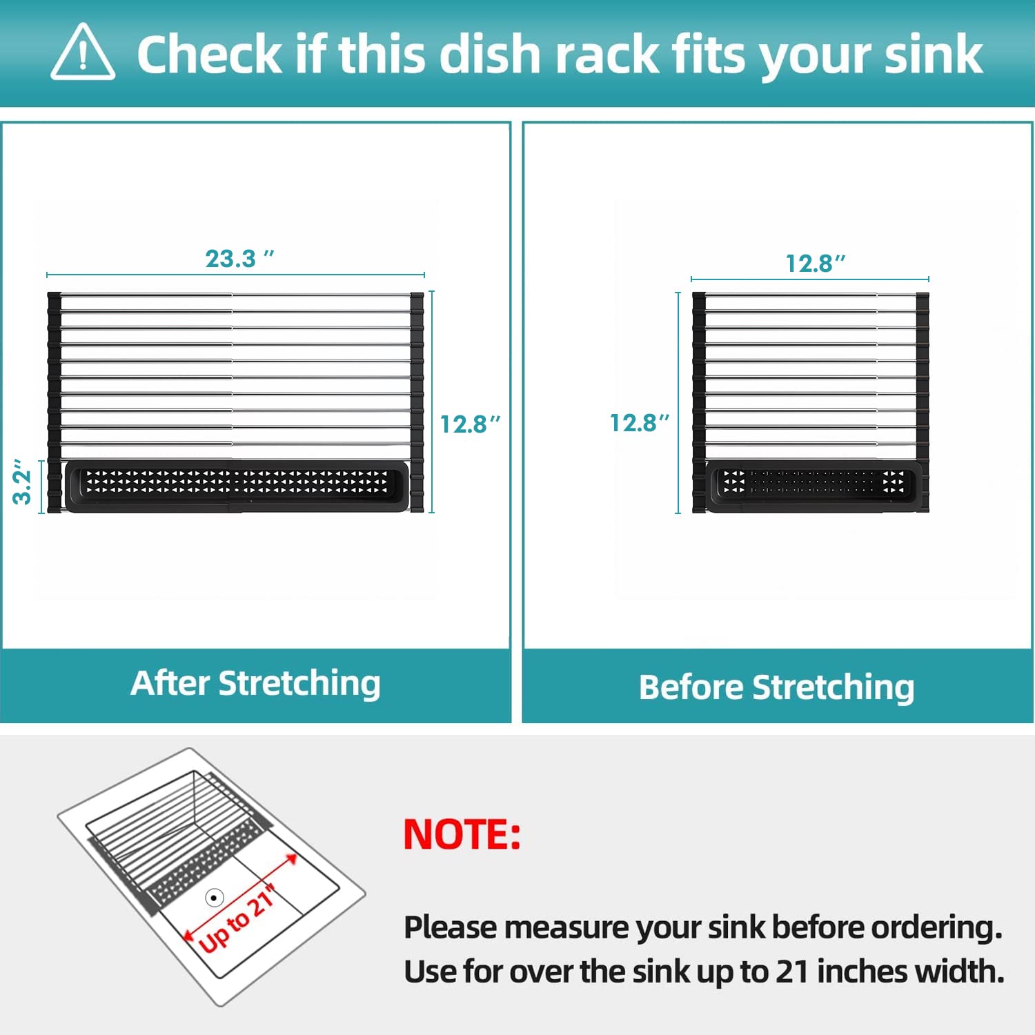 JASIWAY Roll Up Dish Drying Rack, Over The Sink Dish Drying Rack, Foldable, Portable,304 Stainless Steel Dish Drainers for Kitchen Inside Sink Counter (Black, 17.5" x12“)