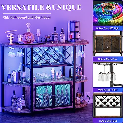 Unikito Freestanding Wine Bar Cabinet with LED Lights and Power Outlets, Industrial Coffee for Liquor Glasses, Mesh Door, Table Rack, Rustic Brown