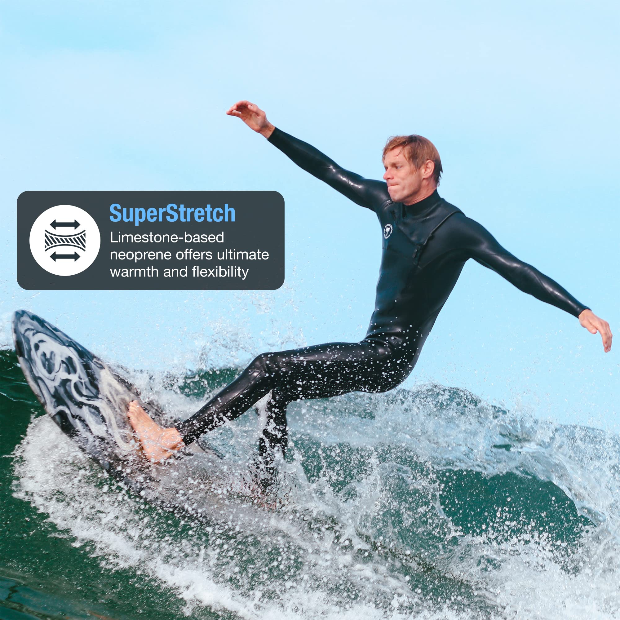 Men’s Surfing Wetsuit - Chest Zip Fullsuit - Warm Superstretch 3/2mm or 4/3mm Neoprene w/GBS Seams (Black 4/3mm, MS (Medium Short))