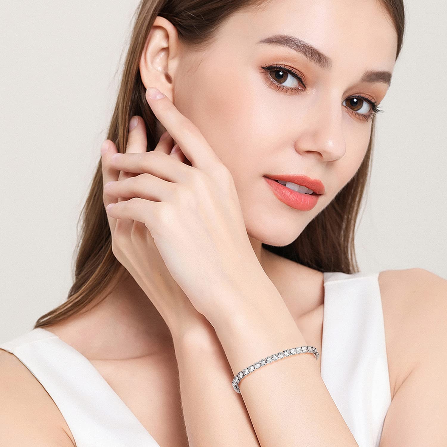 MDFUN 18k White Gold Plated Tennis Bracelet, 6 Inch Charm Cubic Zirconia Gemstone Bracelet for Women