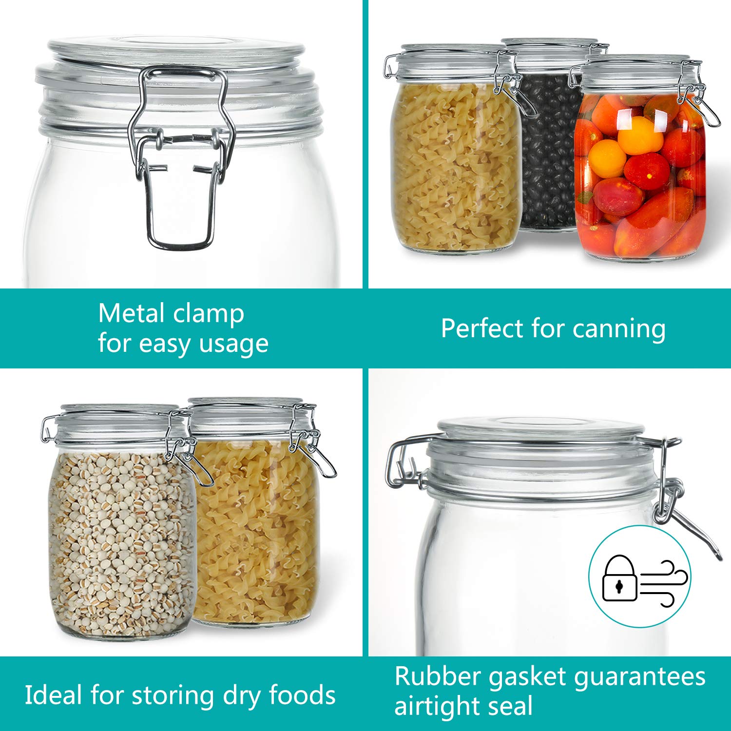 OAMCEG 4 Pack Wide Mouth Mason Jars - 34 OZ Airtight Glass Canning Jars with Leak Proof Rubber Gasket and Clip Top Lids, Perfect for Storing Coffee, Sugar, Flour or Sweets