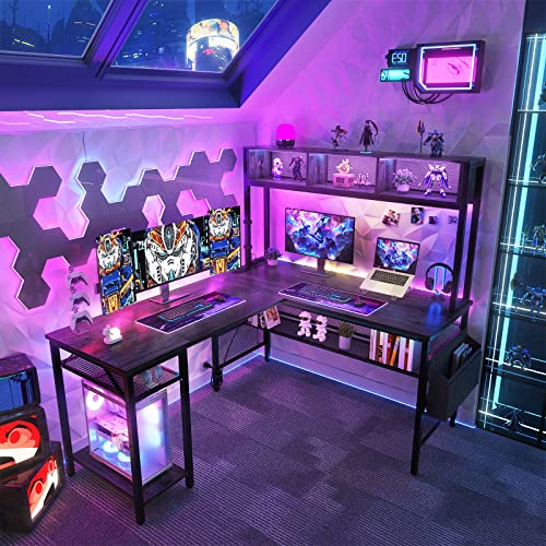 Unikito L Shaped Computer Desk with LED Strip and Power Outlets, Reversible L-Shaped Corner Desk with Storage Shelves and Bag, Industrial Home Office Desk Gaming Table with USB Port, Black Oak
