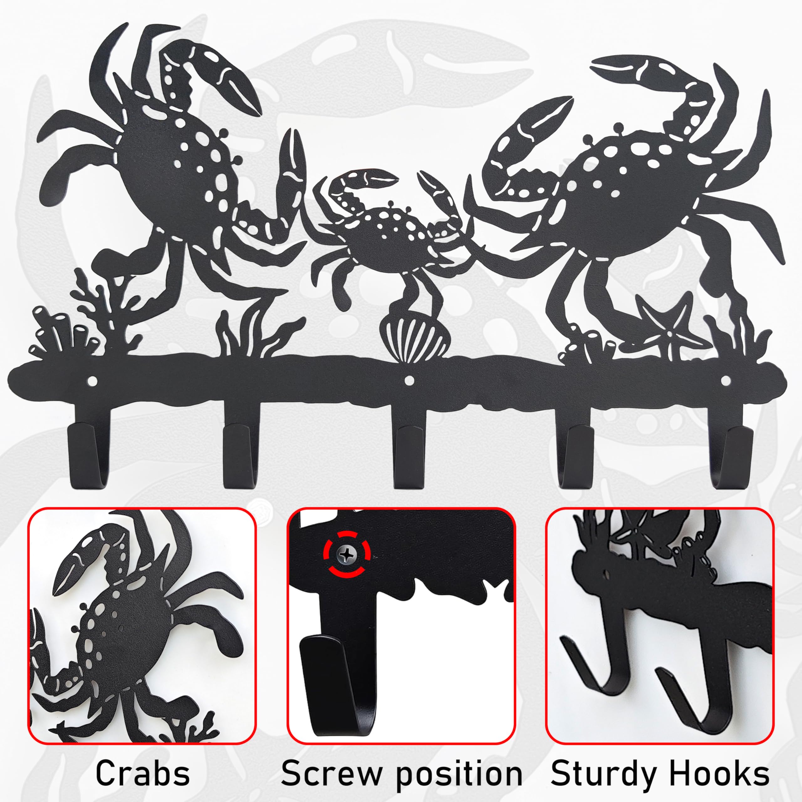 VIVICOMFY Metal Crab Coat Hooks Wall Mount-Crab Hangers and Key Holder-Clothes Hat Rack and Backpack Hanger Decor for Storage, Living Room, Hallway, Office Gift (Black)