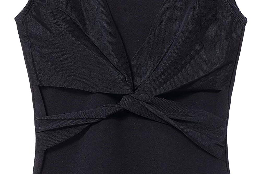 MdnMd Sleeveless Tank Leotard for Girls with Mesh Cross Front (Black, 12-14 Years)
