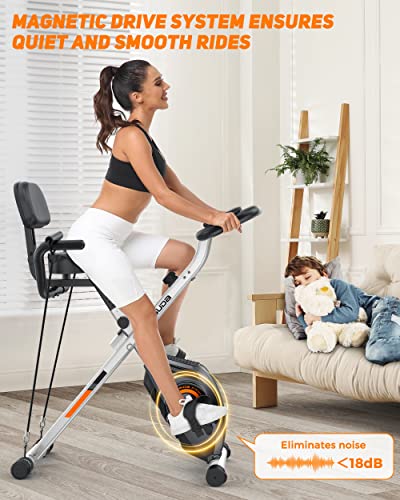 YOSUDA Exercise Bike, Folding Exercise Bike for Seniors 330LB/270LB Capacity, Magnetic X-Bike with 16-Level Resistance, Back Support Cushion for Home Gym Workout