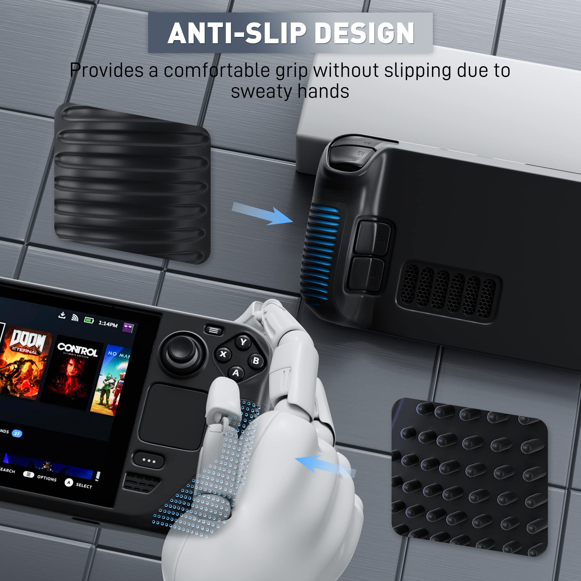 RHOTALL Soft Protective Case Compatible with Steam Deck, Anti-Slip Silicone Cover Case for Steam Deck, Comfortable Grip Design with Screen Protector and 8 Thumb Caps