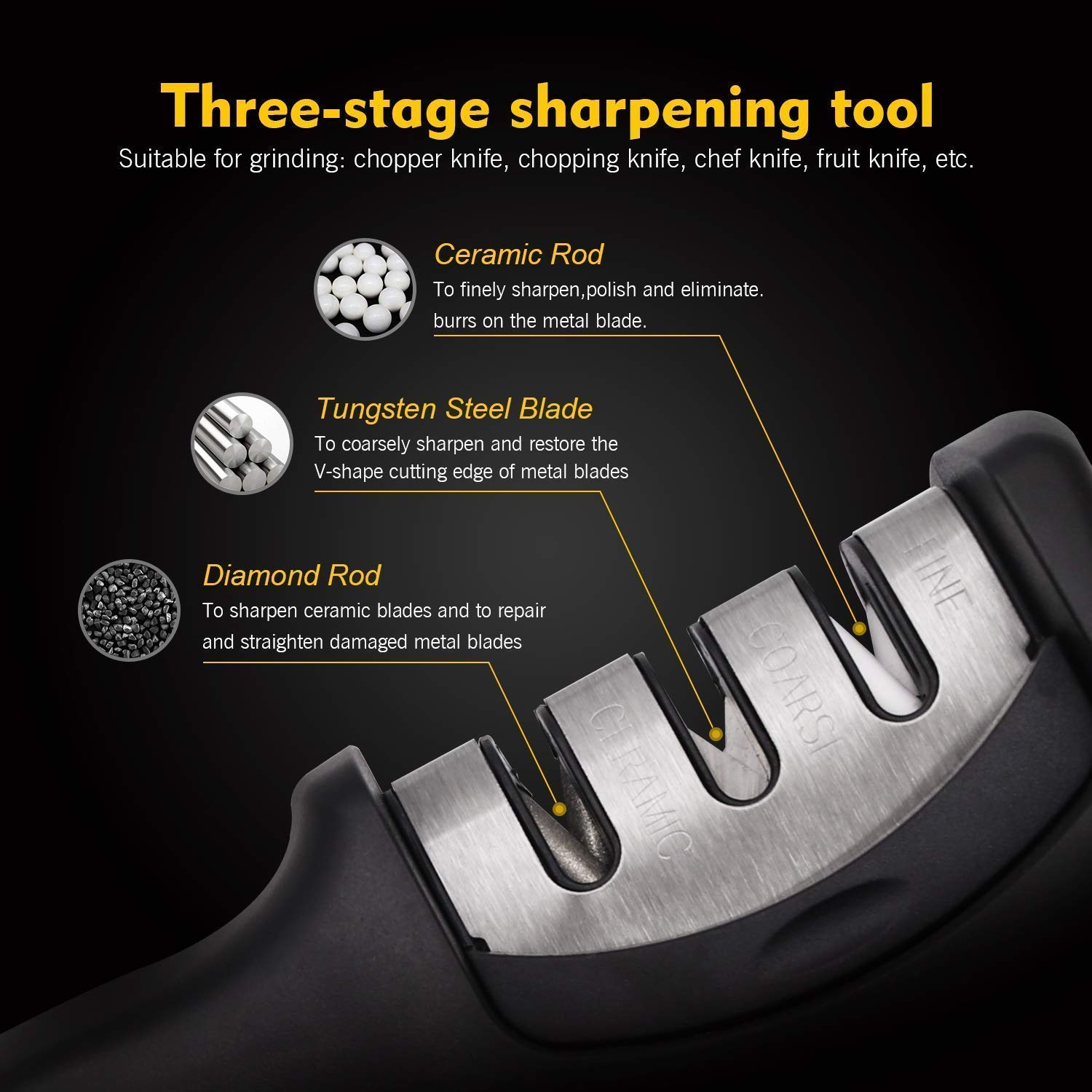 Knife Sharpener Honing Steel Sharpening - Professional 10 Inch Knife Sharpeners Rod Restore Blade Quickly for Kitchen, Chef, Butcher, Hook and Cleaning Cloth Included (Black)