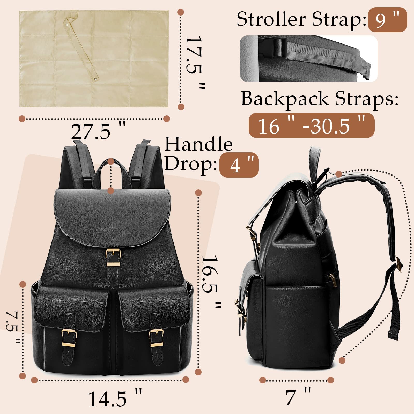Omanmoli Diaper Bag Backpack Baby Diaper Bag, Leather Diaper Bag, Diaper Bag Organizer with 12 Organizing Pouches,Changing Pad,Shoulder Straps,Stroller Straps(Black)