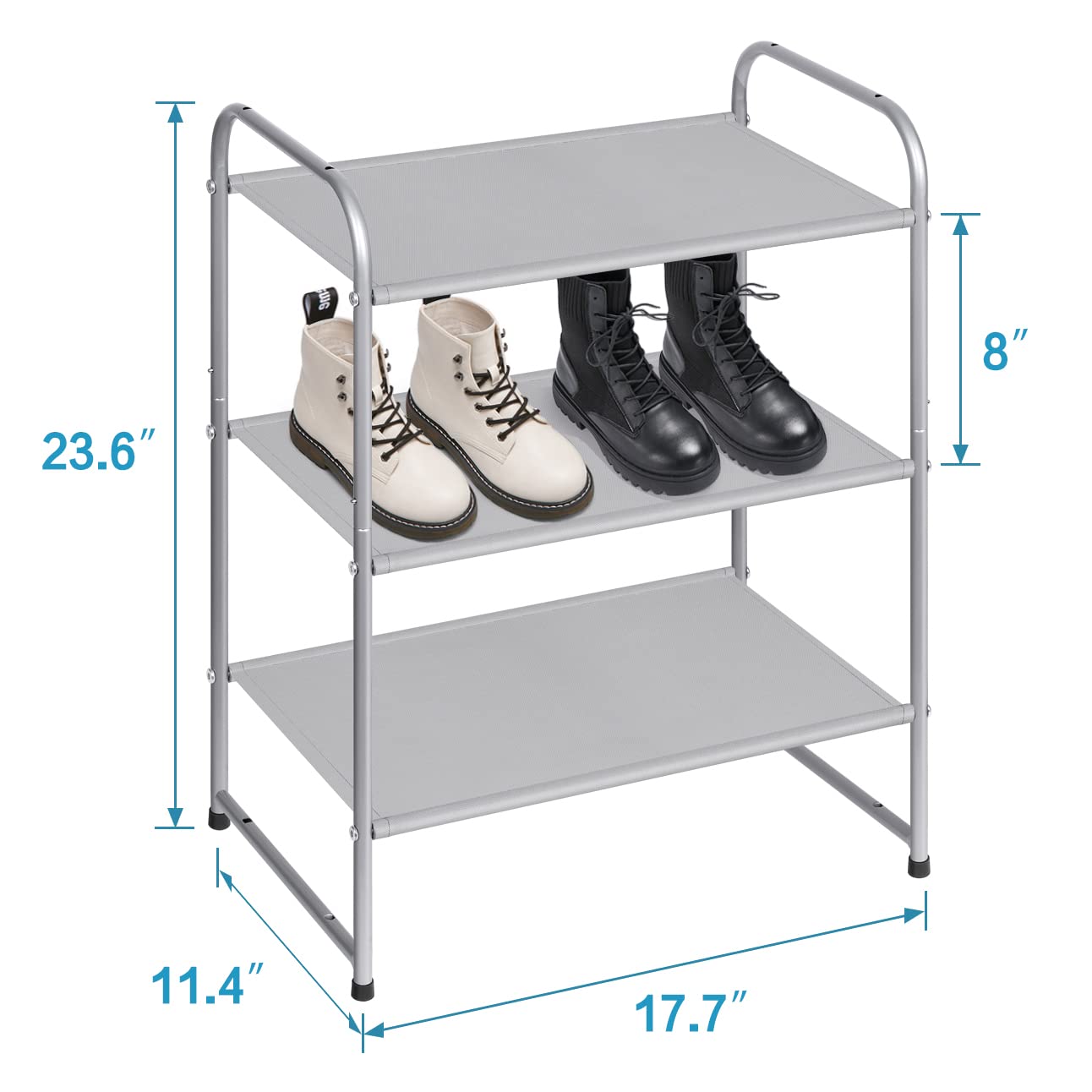 KIMBORA 3-Tier Small Shoe Rack 8-Pairs Stackable Narrow Shoe Storage Organizer Heavy Duty Shoe Shelf for Bedroom Closet, Entryway, Hallway (Grey)