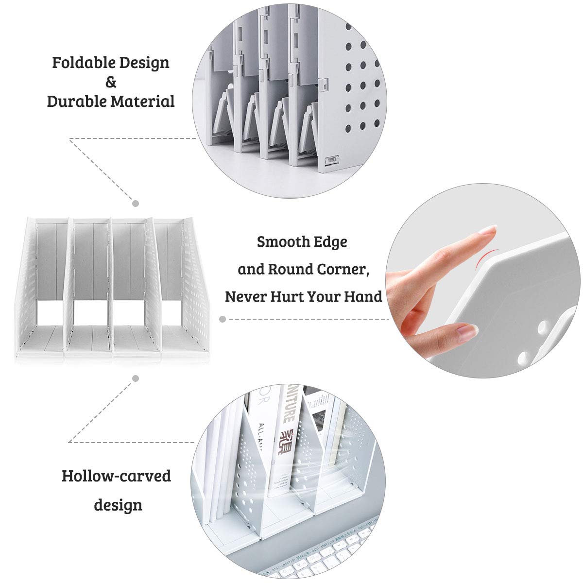 Lemical Freely Expanding 4 Vertical Compartment Collapsible Magazine File Holder Space Saving Rack Home Kitchen Desk Organizer No Need Assemble Gray