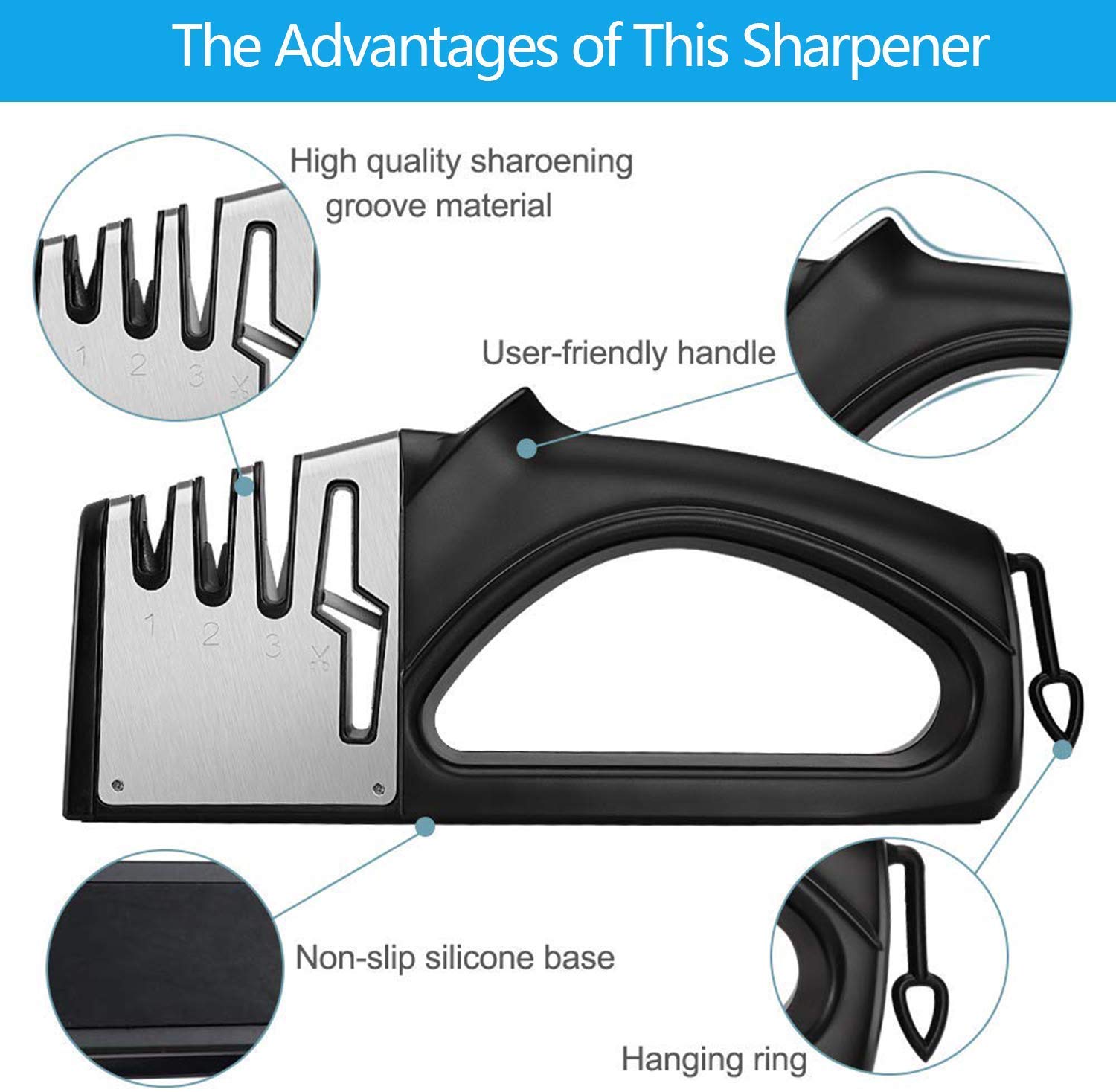 Knife Sharpener, 4 in 1 Manual Knives Scissor Sharpener, Professional Kitchen Knife Sharpen Tool with Ceramic,Tungsten Steel, Diamond Sharpening Groove,Safe and Easy To Use(Black)