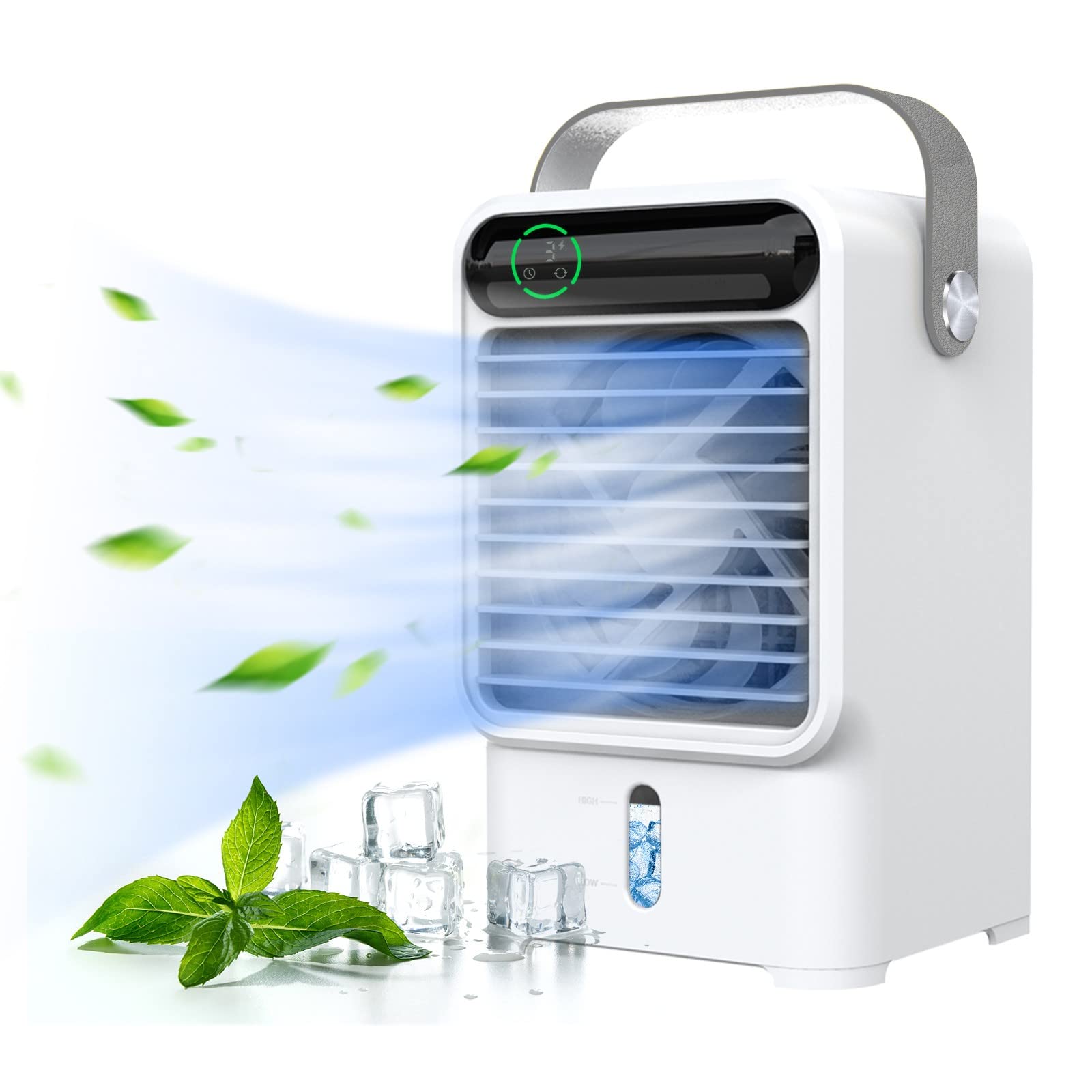 Portable Air Conditioner, 4 in 1 Evaporative Personal Air Cooler with 3 Wind Speeds, Quiet Mini Air Conditioner with Handle/LED Light/Humidifier/Timing Function for Home, Office and Room