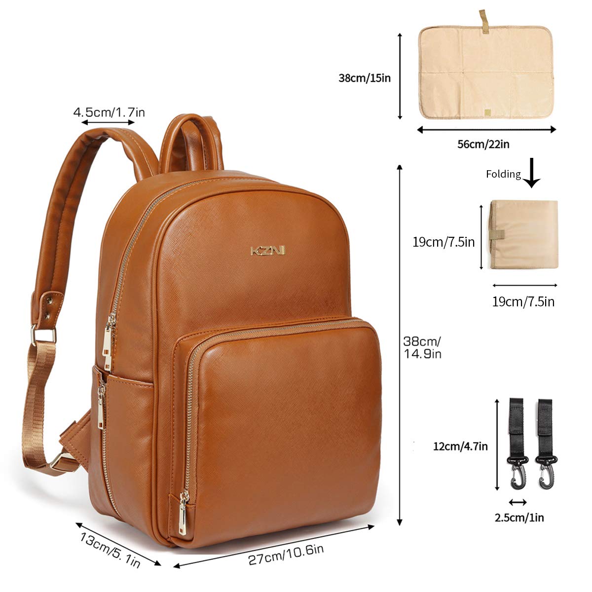 KZNI Leather Diaper Bag Backpack - Nappy Bag Baby Bags for Mom Unisex Maternity Diaper Bag with Stroller Hanger|Thermal Pockets|Adjustable Shoulder Straps|Water Proof| LargeCapacity(Brown)