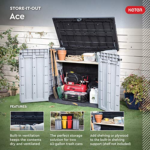 Keter Store-It-Out Ace 4.75 x 2.7 Foot Resin Outdoor Storage Shed with Easy Lift Hinges, Perfect for Trash Cans, Yard Tools, and Pool Toys - Bin Opening Kit Included