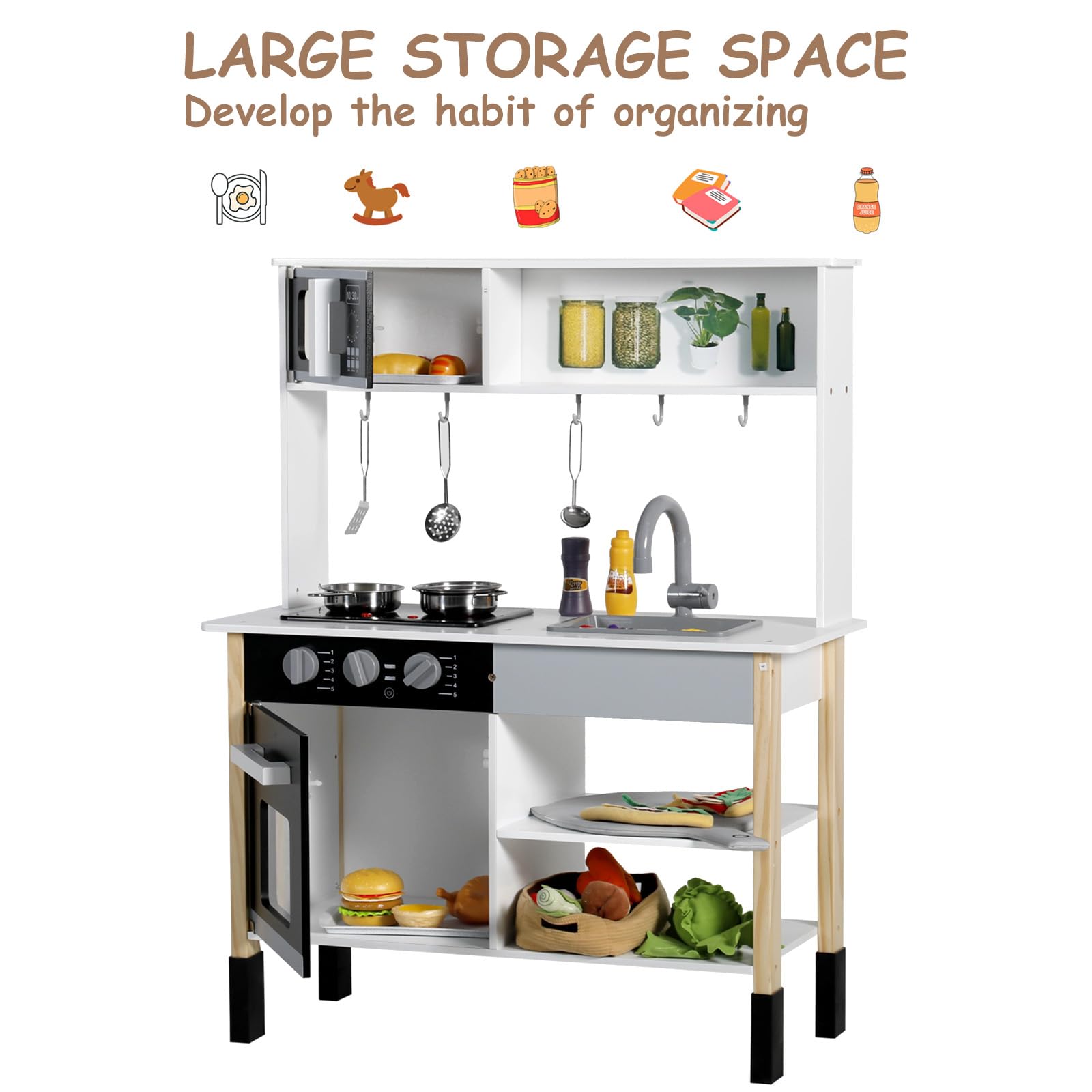 Kinder King Wooden Kids Play Kitchen, Toy Kitchen Playset for Toddler, Pretend Oven with Light & Sound, Interactive Door, Microwave, Knobs, Realistic Kitchen Set for Boys Girls Age 3+, Black
