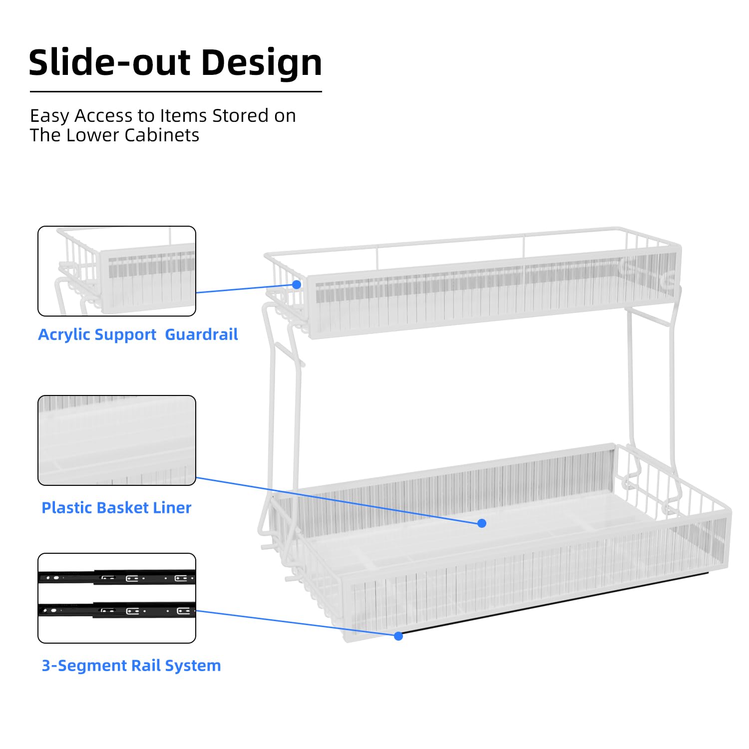Lxmons 2-Tier Under Sink Slide Out Organizer, Pull Out Cabinet Storage Shelf with Sliding Storage Wire Basket Drawer for Bathroom Kitchen, Countertop or Pantry Storage Shelf, White
