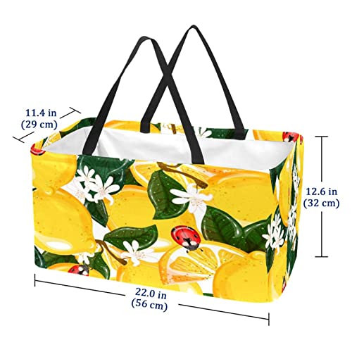 RATGDN Reusable Grocery Bags Yellow Lemons Ladybug Foldable Washable Large Storage Bins Basket Shopping Tote Bag