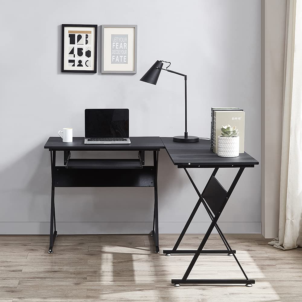 L Shaped Desk with Keyboard Tray Reversible Gaming Desk Corner Computer Desk for Home Office, Black Wood & Steel Frame Writing Study PC Workstation Table for Small Space