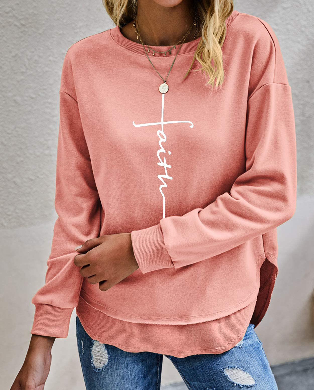Mansy Womens Cross Letter Printed Crewneck Sweatshirts Casual Funny Graphic Side Split Pullover Shirts Tops (Pink, XX-Large)