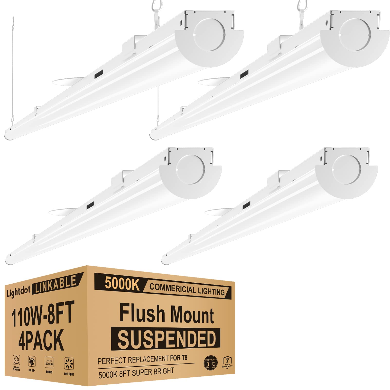 Lightdot 8FT Led Shop Lights 110W, Suspend/Flush Mount Ceiling Light, 14500LM[6-lamp T8 Equiv.] 5000K/4000K/3000K Selectable, Commercial Shop Lights Fixtures for Garage Workshop Warehouse (4 Pack)