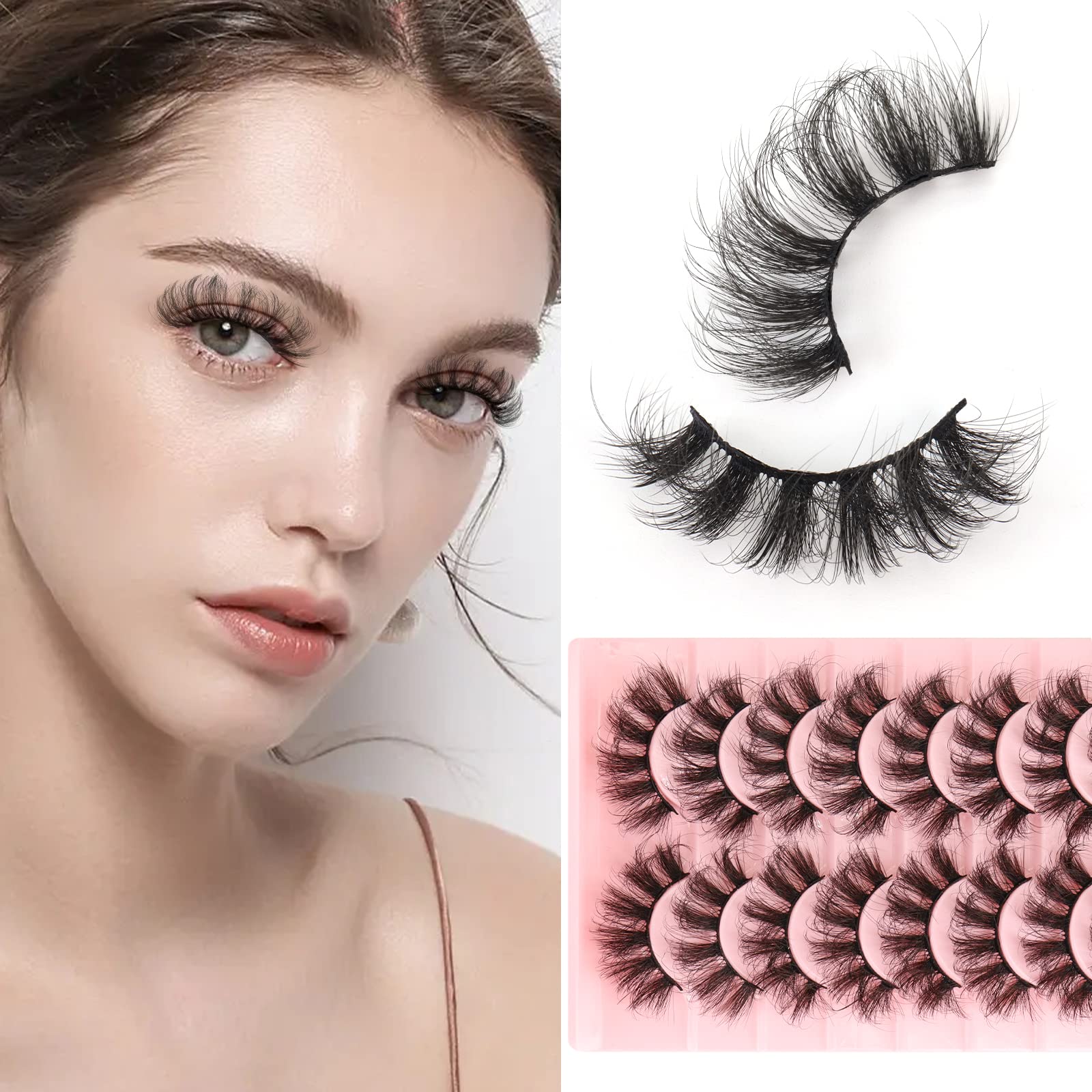 MilyBest Lashes False Eyelashes 10 Pairs Fluffy Cat Eye Faux Mink Lashes PestaƱas Postizas D Curl Volume Fake Lashes Wispy Natural Look Eye Lashes Strip Sets Pack