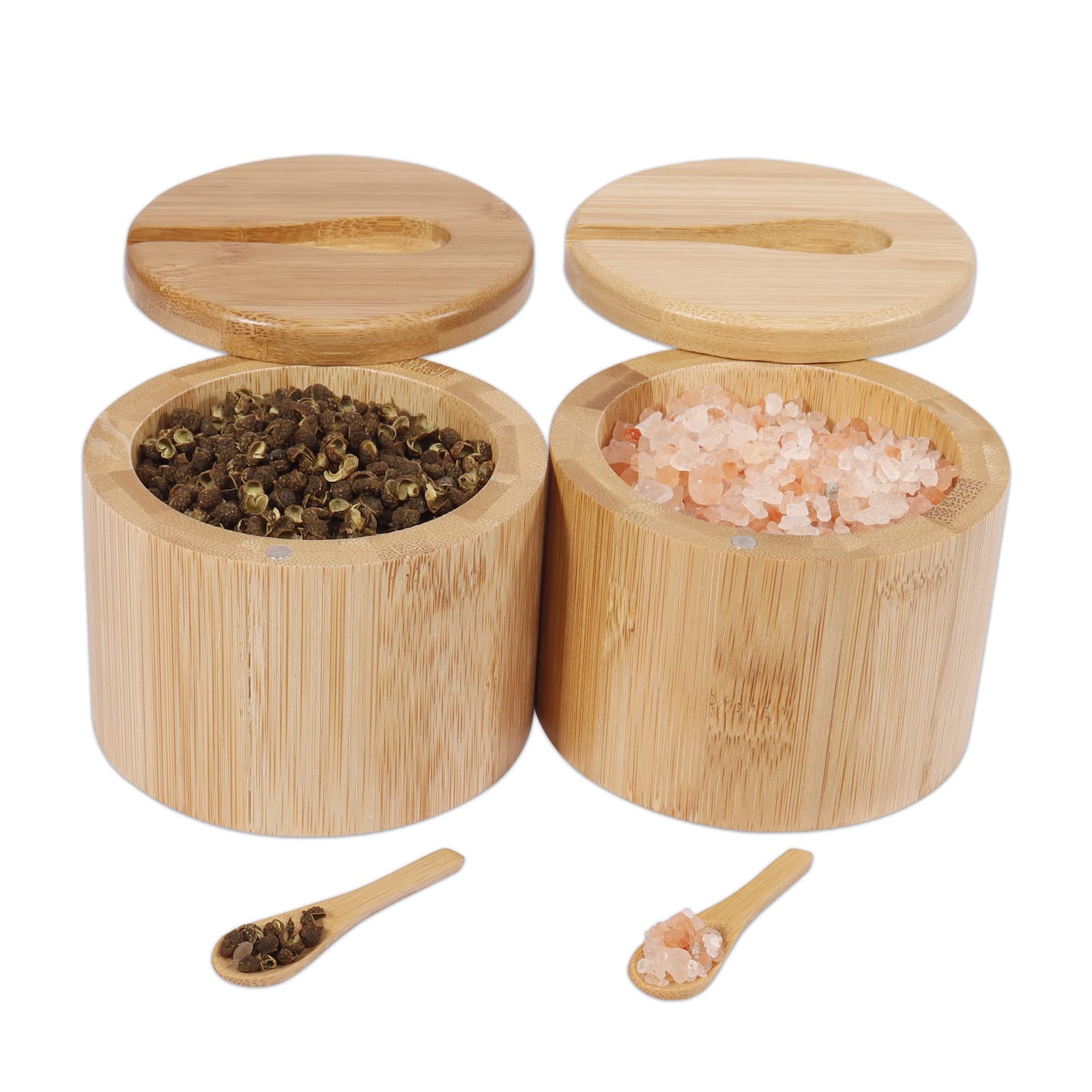 Salt Box Bamboo Salt Container with Swivel Lid, 2Pack Bamboo Salt and Pepper Box, Bamboo Salt Bowl Salt Cellar Easily Open and Seal Salt Holder Dish, Spice Cellar for Storing Salt Pepper Sugar Herbs
