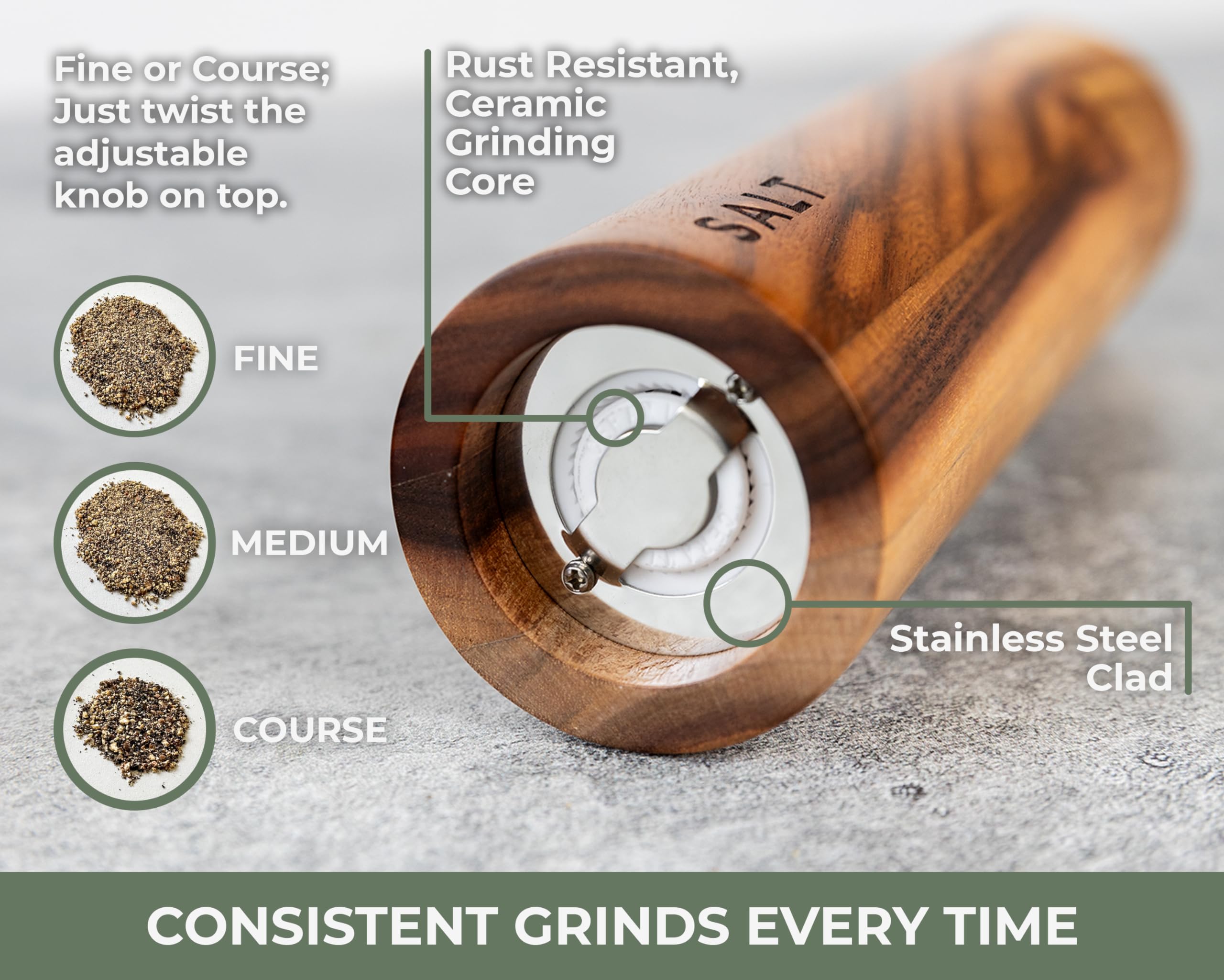 Saffron & Sage Premium Acacia Wood Salt and Pepper Grinder Set of 2-8β Tall Salt and Peppercorn Mill with Adjustable Coarse Settings, Rust Resistant, Smooth and Quality Grinding Mechanism