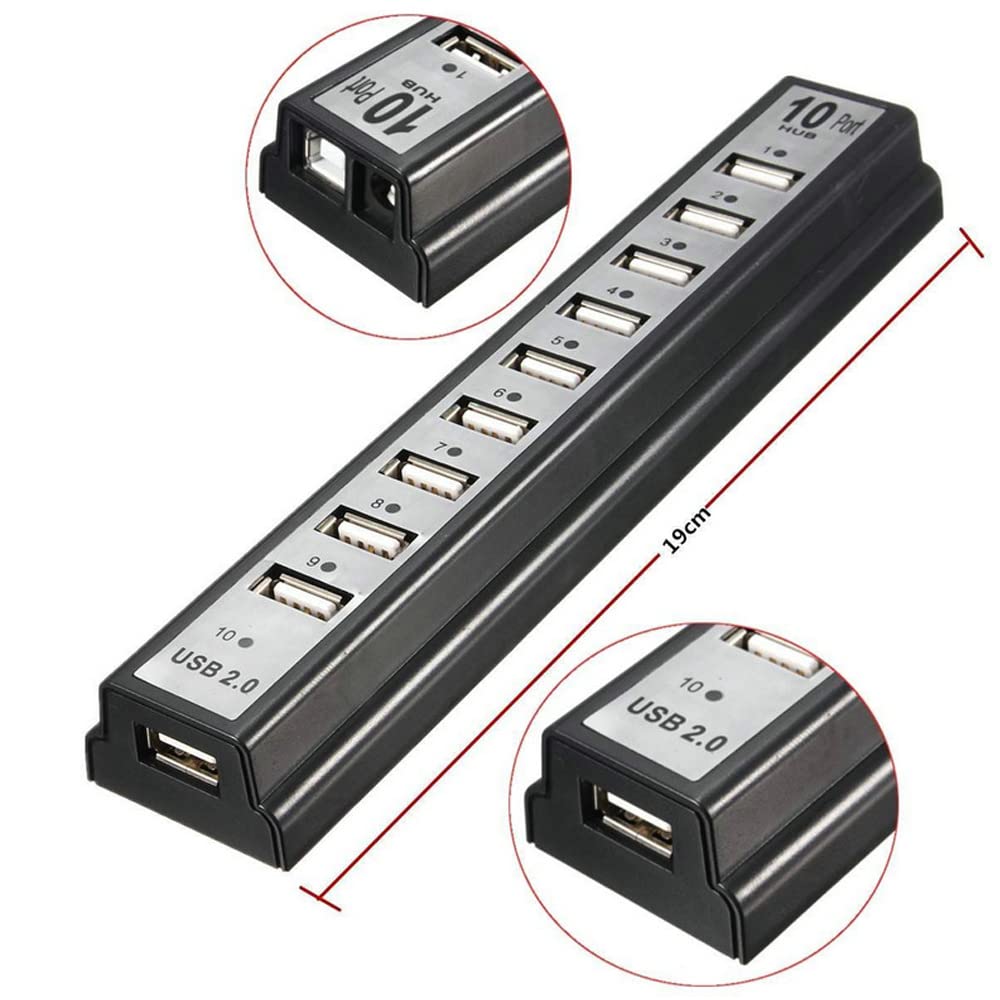 SaiDian 1Pcs 10 Port USB2.0 External Hub with Power Adapter High-Speed Expander Multi-Interface USB Hub