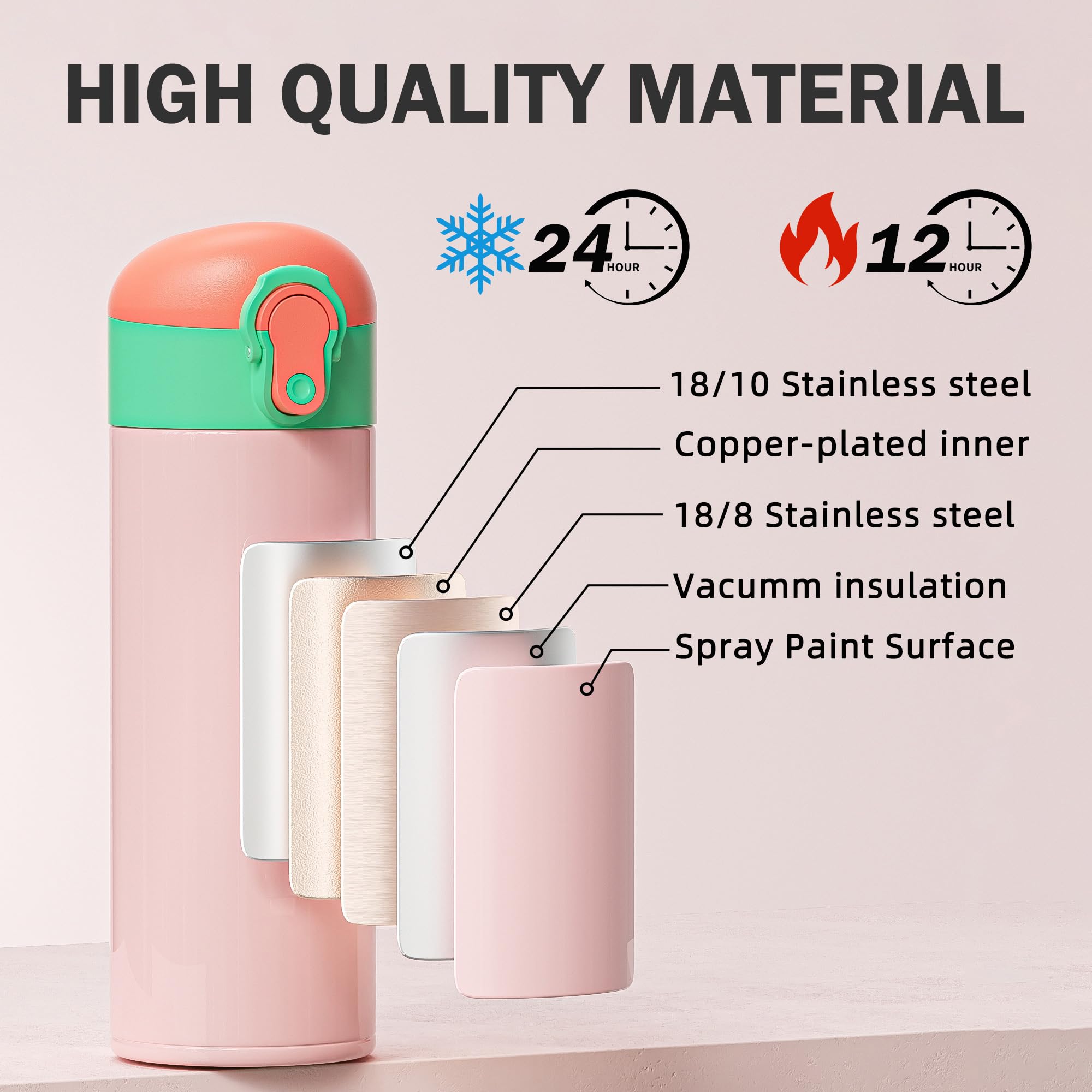 YOHKOH Mini Insulated Water Bottle Small Stainless Steel Thermos 10oz - Insulated Vacuum, Leak Proof, Keeps Drinks 12 Hrs Hot & 24 Hrs Cold - BPA-Free (1, Pink)