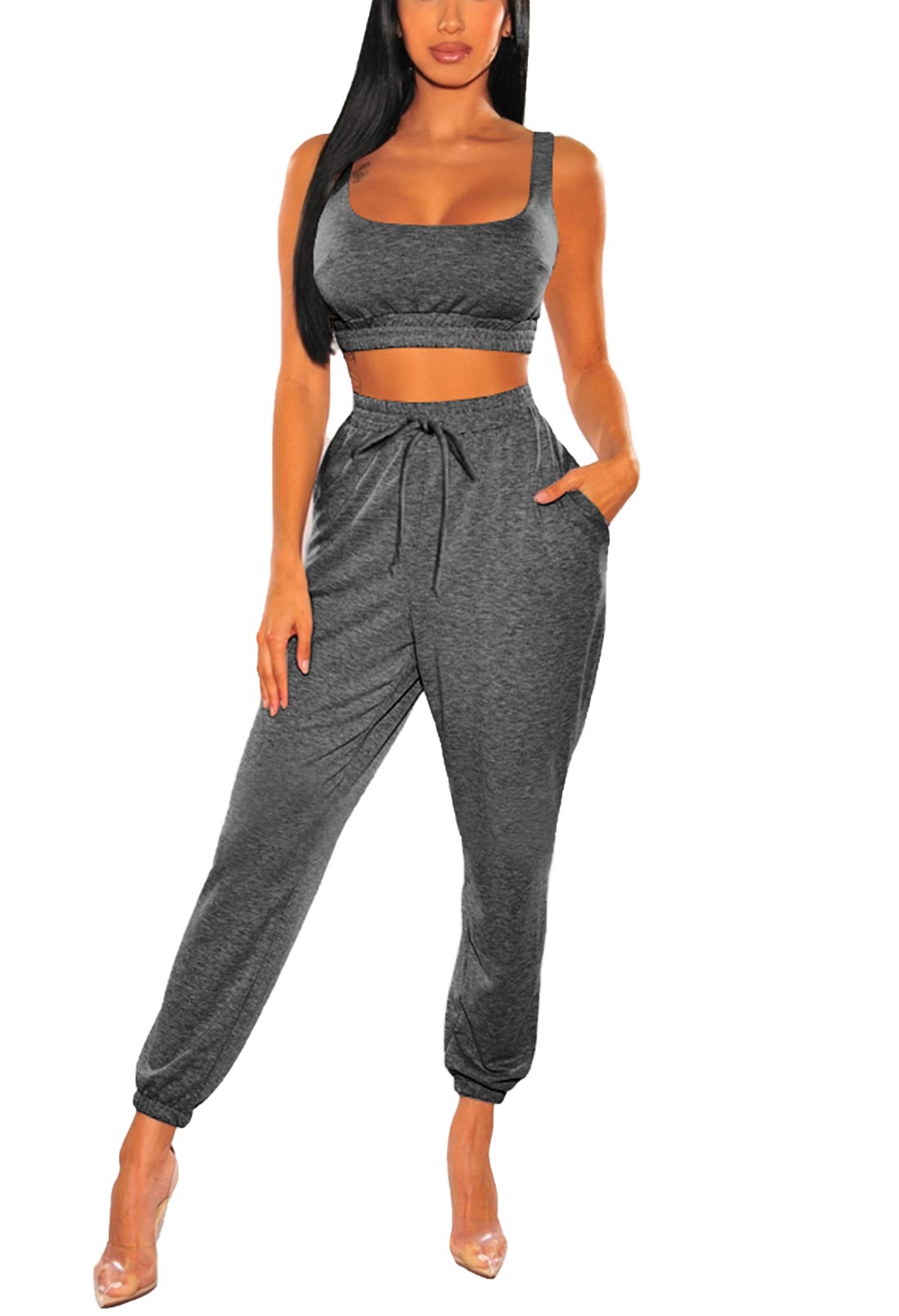 LOV ANNY Women's Padded Bra High Waist Yoga Sportpants Tracksuits Set Dark Grey M
