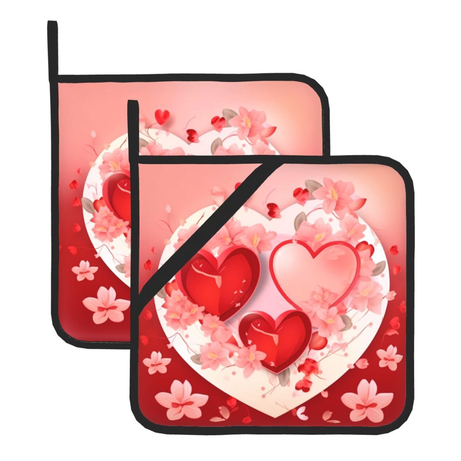 Mother's Day with Red Hearts Pot Holders Sets 2-Piece Set Washable Decorative Kitchen Gift for Cooking Baking BBQ