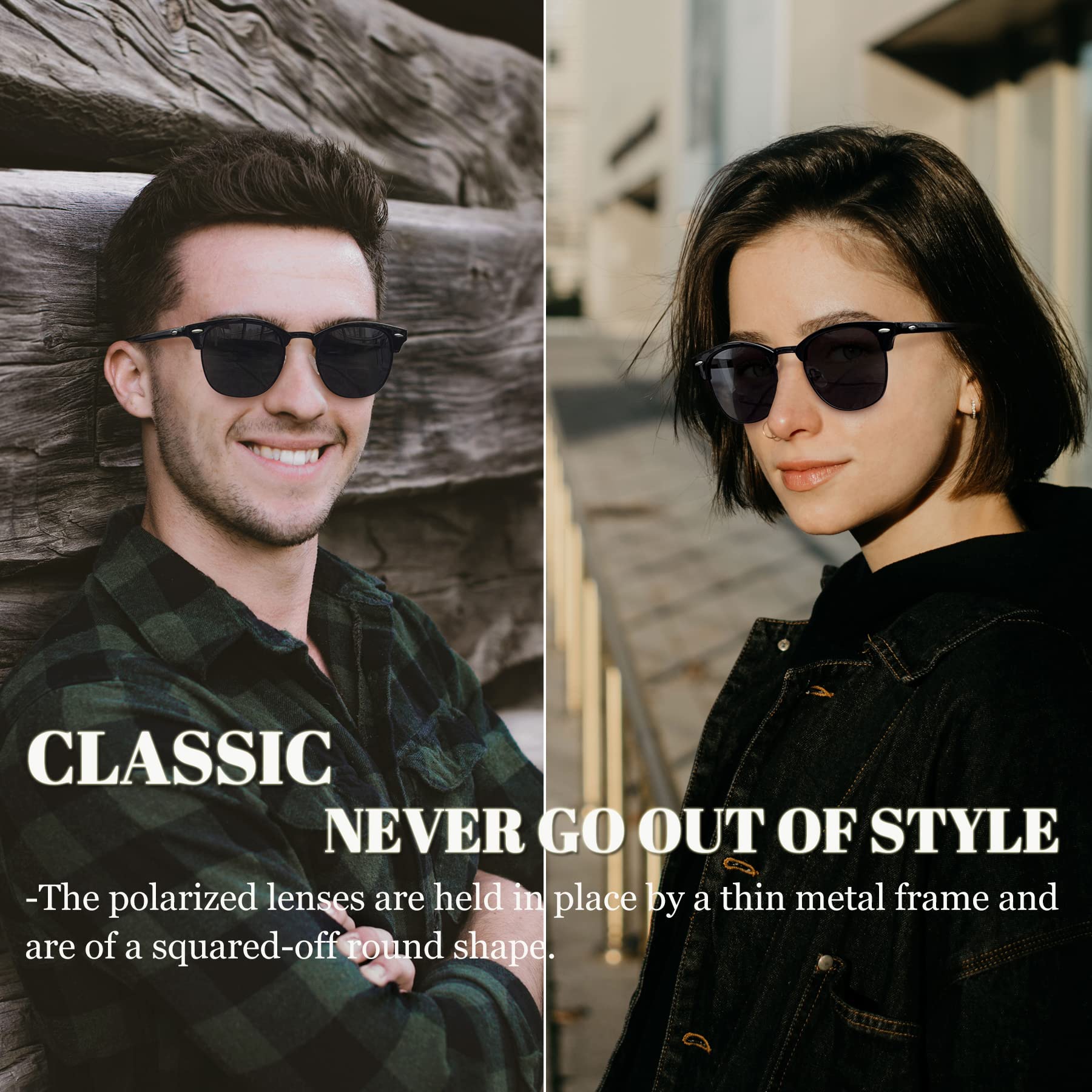 Joopin Semi Rimless All Black Sunglasses Trendy Vintage Half Frame Sun Glasses Polarized UV400 Browline Shades for Women Men (Simple Packaging)