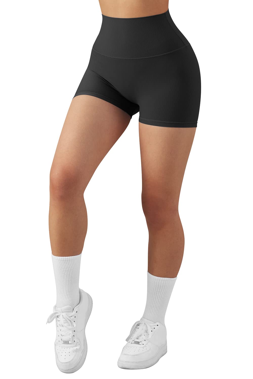 MOOSLOVER Women Ribbed Seamless Biker Shorts Butt Lifting High Waisted Workout Shorts(S,#1 Black)