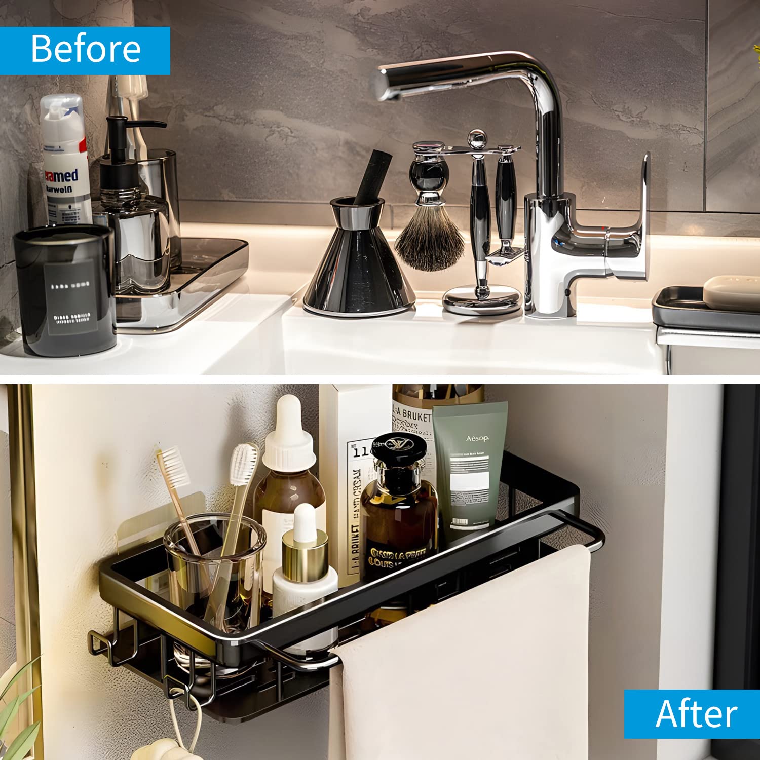 LYGJMYOK Black Kitchen Sink Caddy Sponge Holder, Stainless Steel Suction Cup Kitchen Sink Organizer With Dishcloth Rack, No Drill Rustproof Soon Clean Kitchen Sink Caddy Removable Drain Tray