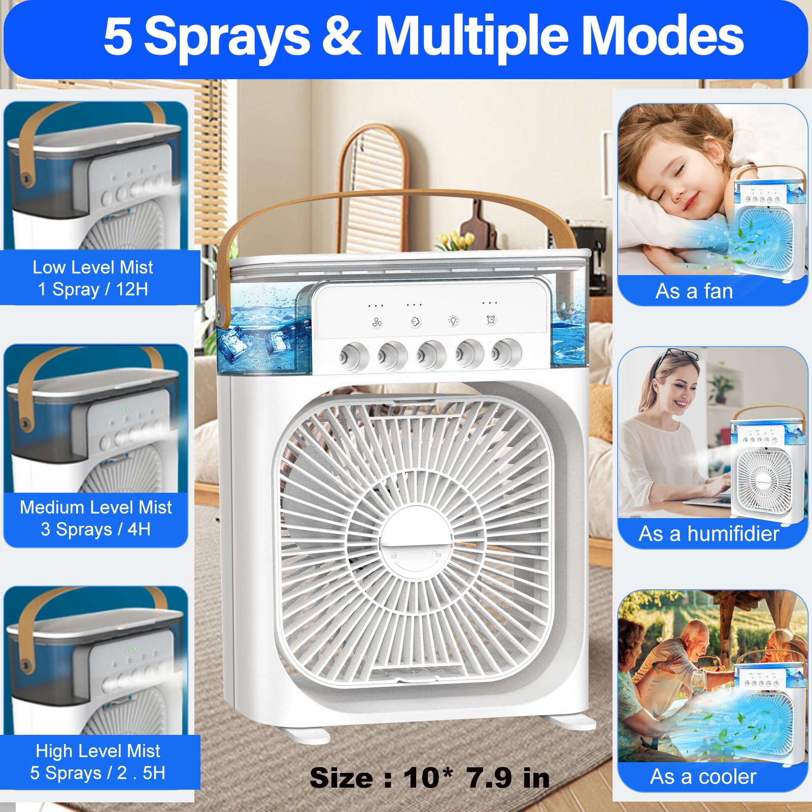 Portable Air Conditioners - Small Portable AC Quiet Personal Air Cooler,USB Powered Mini Desktop Cooling Misting Fan, 1/2/3 H Timer, 3 Speeds,360°Adjustment,for Office, Home, Room,Desk,Car - White