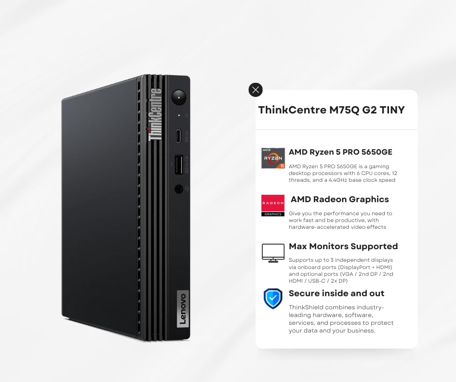 Lenovo ThinkCentre M75q Gen 2 Tiny, AMD Ryzen 5 Pro 5650GE Hexa Core (Beats Intel i7-1260P) 16GB RAM, 256GB NVMe, W11P, 3YR, Home & Office Tiny Desktop