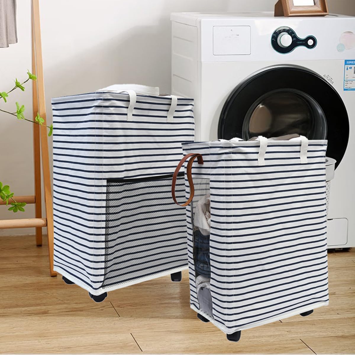 HiCharmcci Laundry Hamper, Wheeled Collapsible Clothes Hampers for Laundry, Large 82L, Dark Blue Strips, Sturdy Oxford Fabric, Mesh Closure, Portable Handle, Transparent Window
