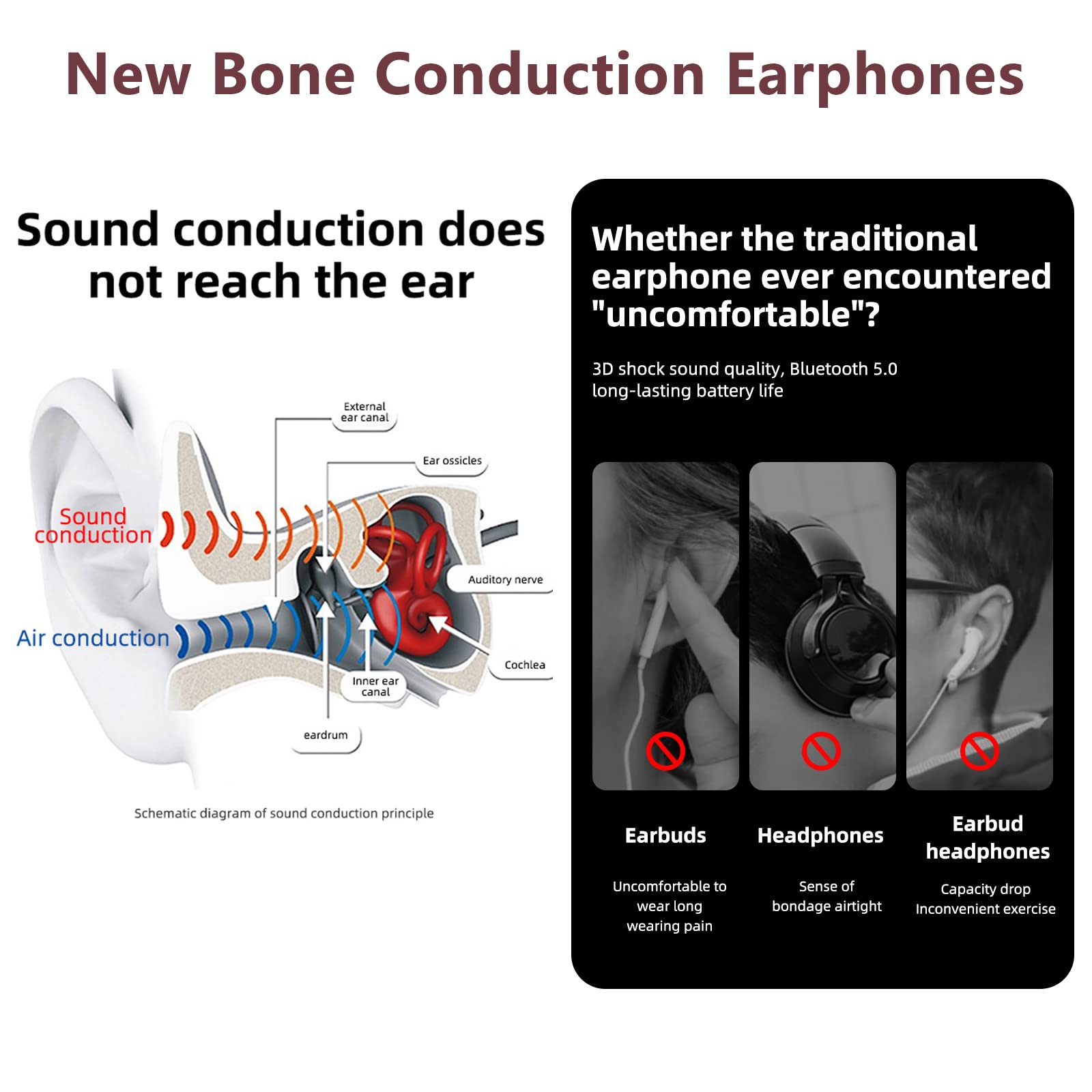 Premium Bone Conduction Open-Ear Bluetooth Bone Conduction Headphones - Sweat Resistant Earphones for Workouts and Running with Deep Base - Built-in Mic(Black-02)