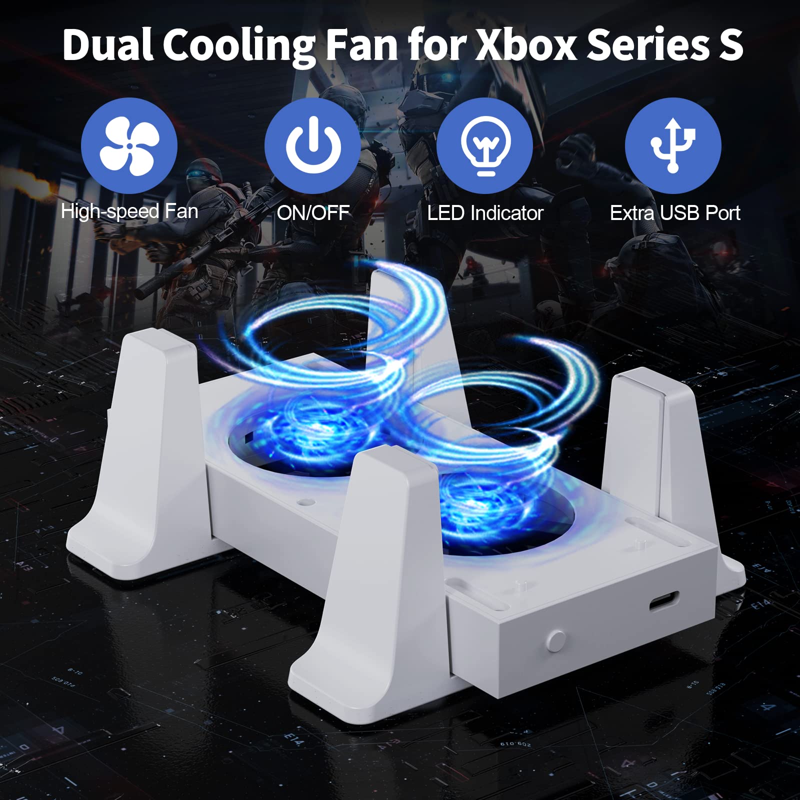 Narati Cooling Fan with Headset Holder for Xbox Series S, Dual Purpose Stand Fan Cooling Dock Station, High Speed Fan Cooler System, 3 Level Adjustable Speed & 2 Extra USB Ports(Only for Series S)