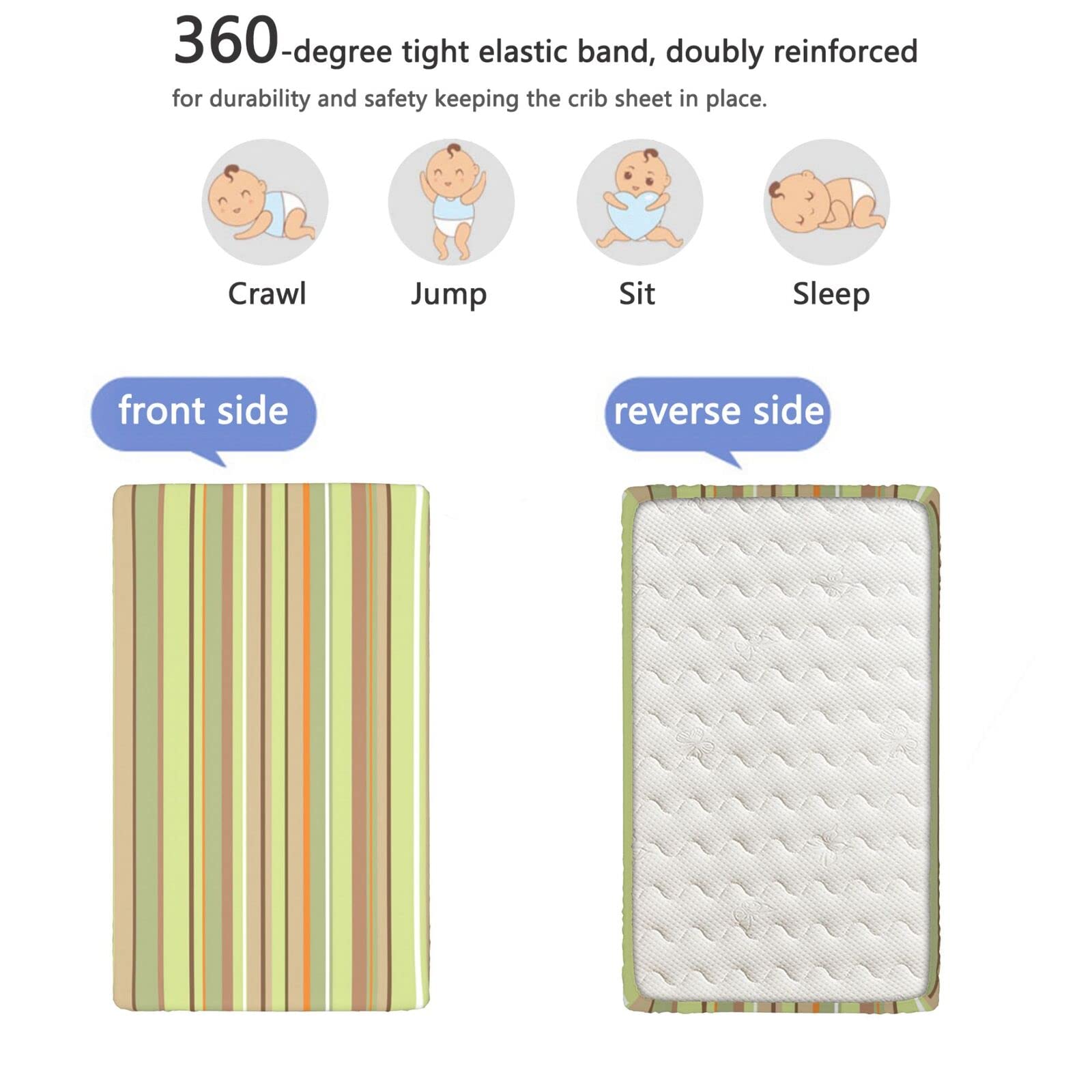 Striped Themed Fitted Mini Crib Sheets,Portable Mini Crib Sheets Soft and Breathable Bed Sheets-Baby Crib Sheets for Girl or Boy,24β x38β,Pistachio Green Tan Orange