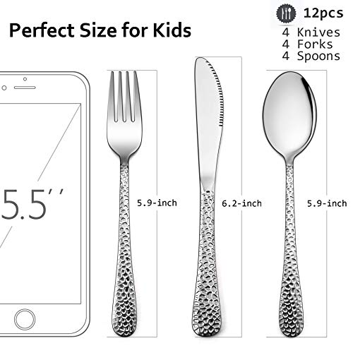 LIANYU 12-Piece Kids Utensils Silverware Set, Stainless Steel Toddler Hammered Flatware Cutlery, Children Tableware Includes Knives Forks Spoons, Dishwasher Safe