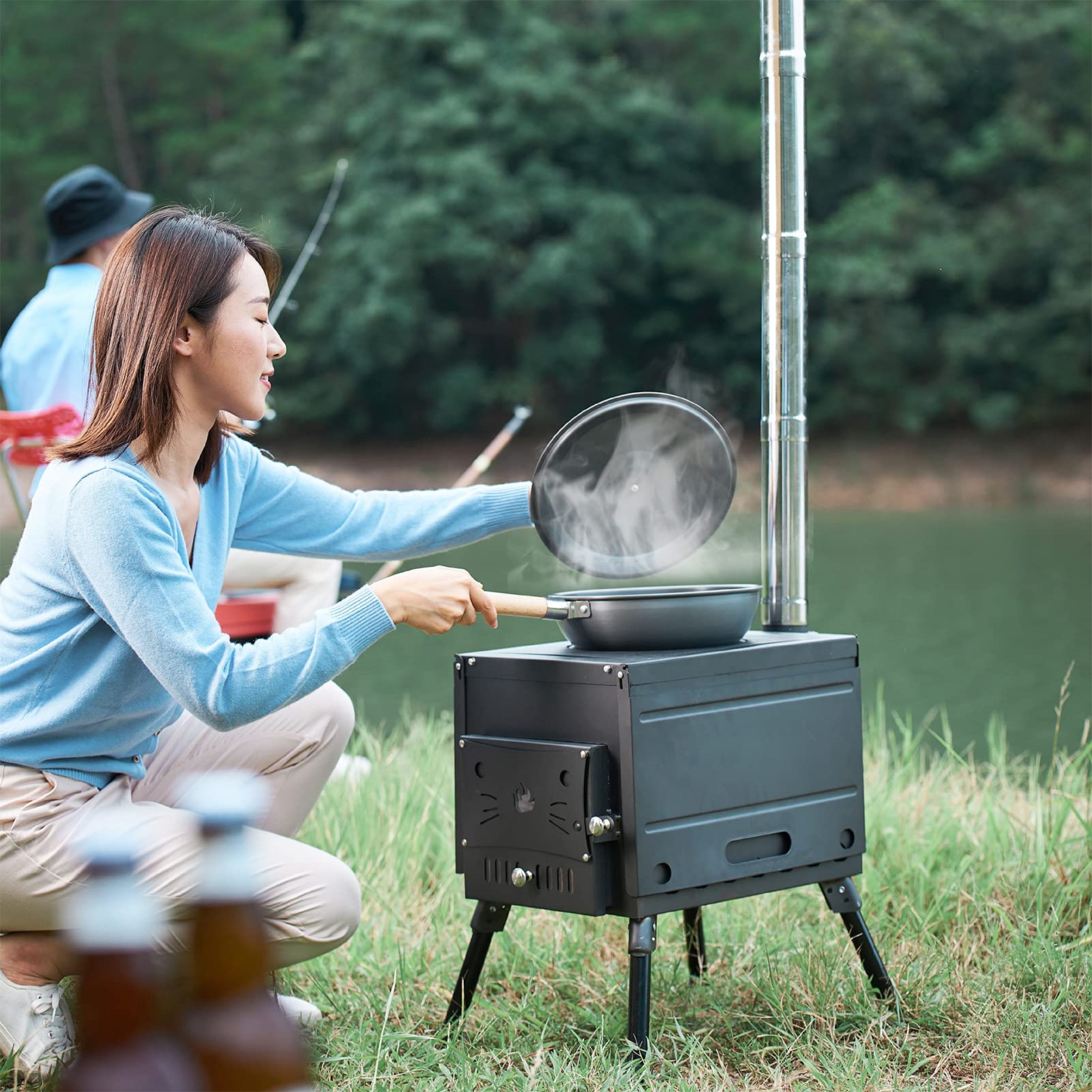 MengK Portable Foldable Wood Burning Stove Camp Tent Stove with Chimney Pipe for Tent Shelter Heating Cooking